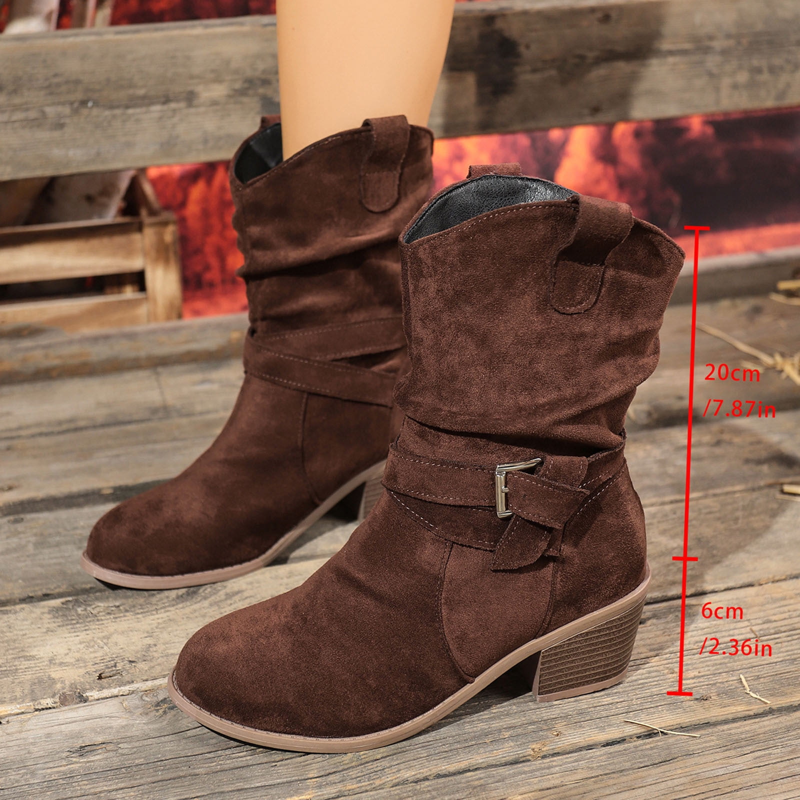 Mid Calf Boots for Women Chunky Heel Slouchy Boots Fashion Western Boot ...
