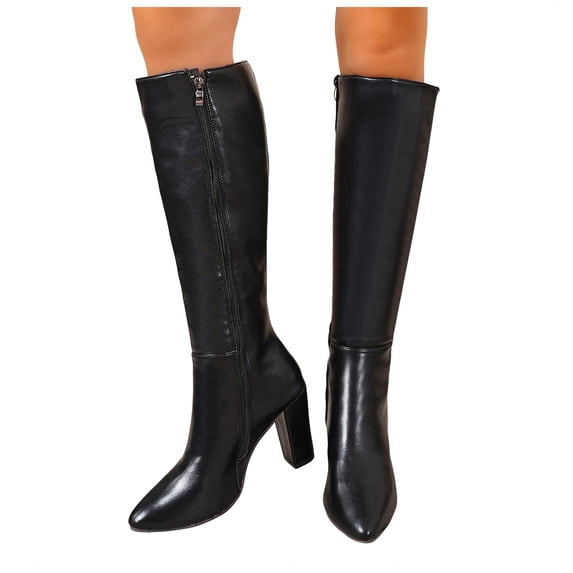 Mid Calf Fall Boots for Women Black White Leather Pointed Toe High ...