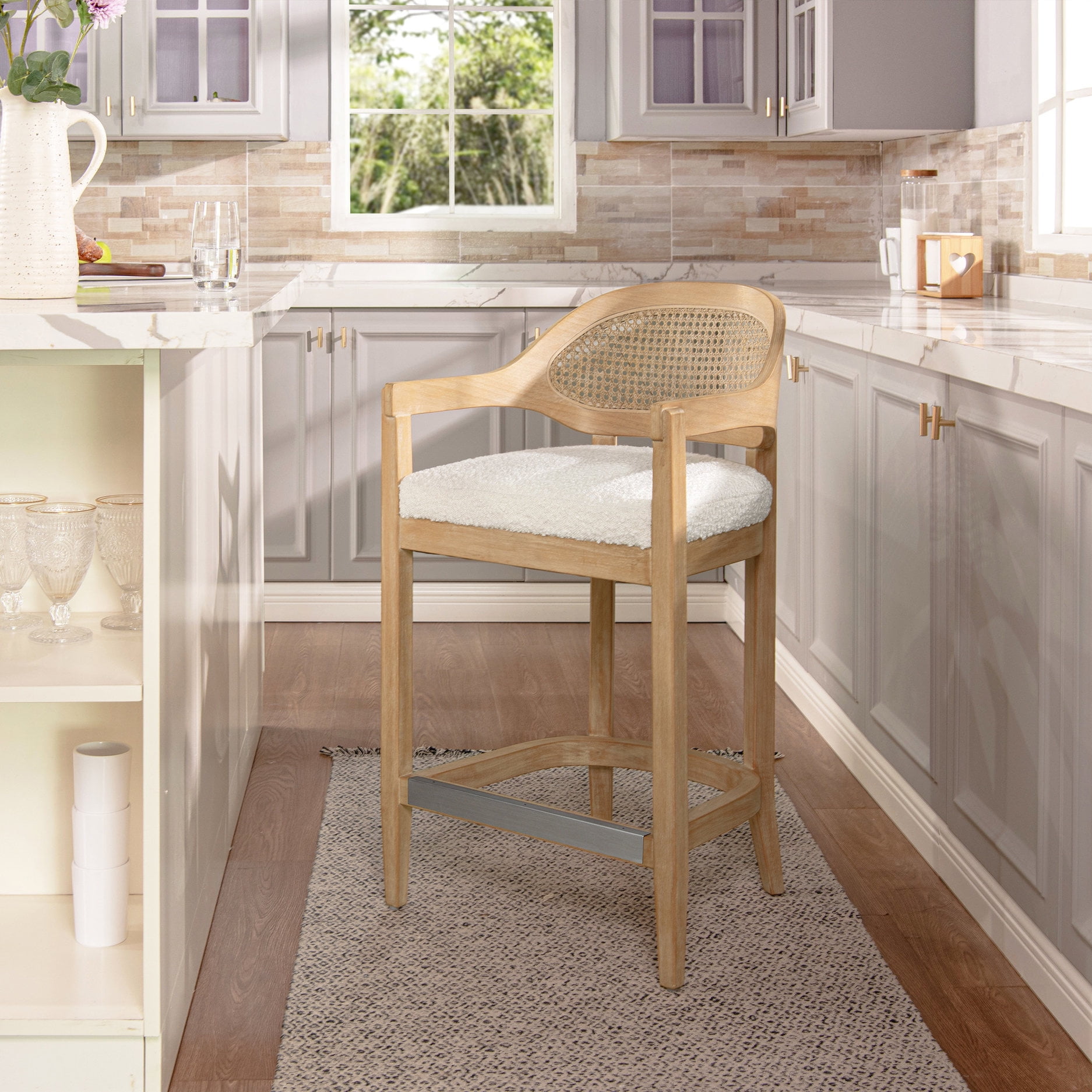 Mid-Century 26" Counter Stool, Foam Filler, White Boucle - Walmart.com