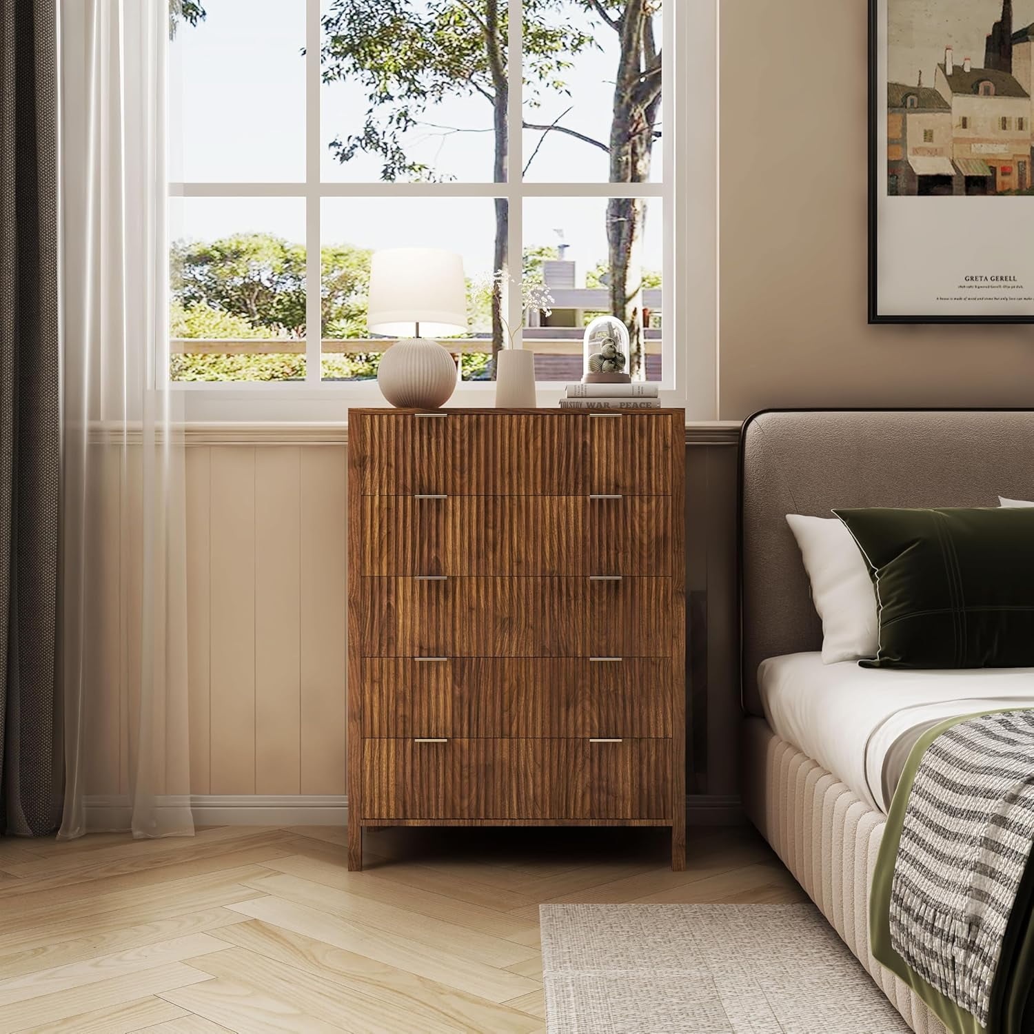 Mid-Century 5 Drawers Bedside Table Storage Cabinet, Modern Nightstand ...