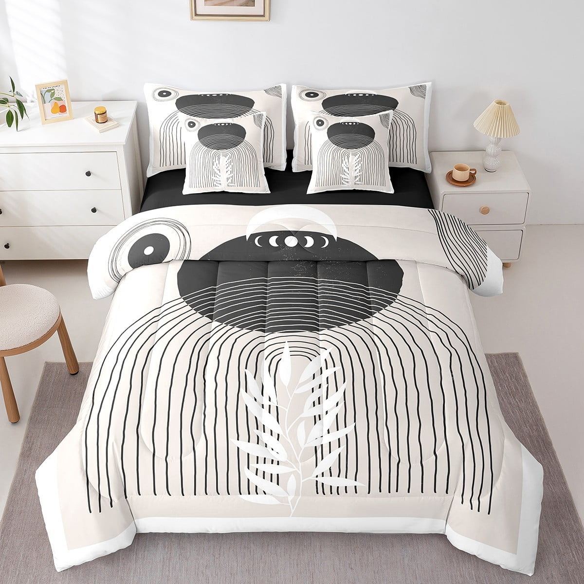 Mid Century Abstract Bedding Full Size 7pcs Grey Black Comforter Set ...