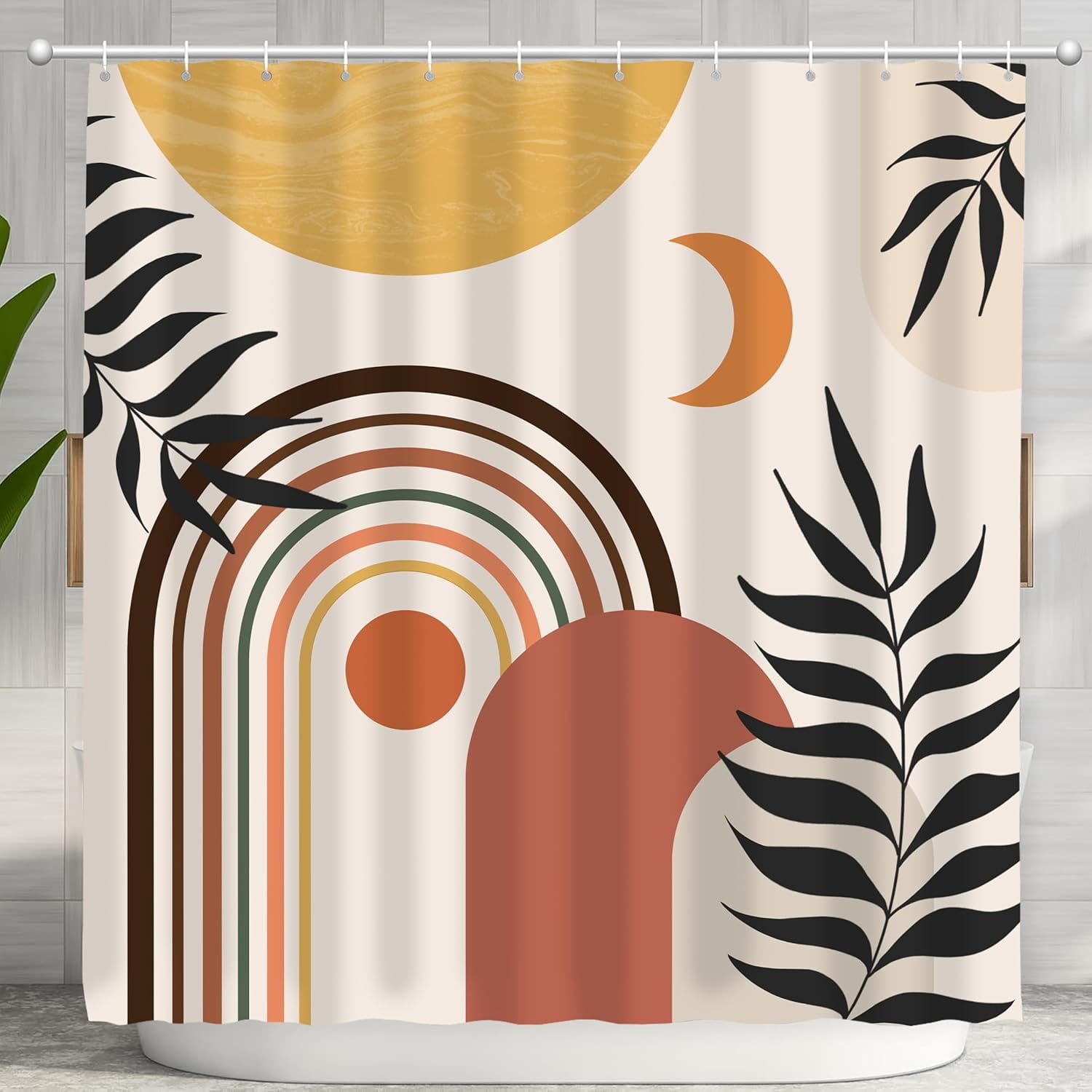 Mid Century Abstract Boho Aesthetic Shower Curtain Set, Green Nature Leaf Sun Modern Minimalist ...