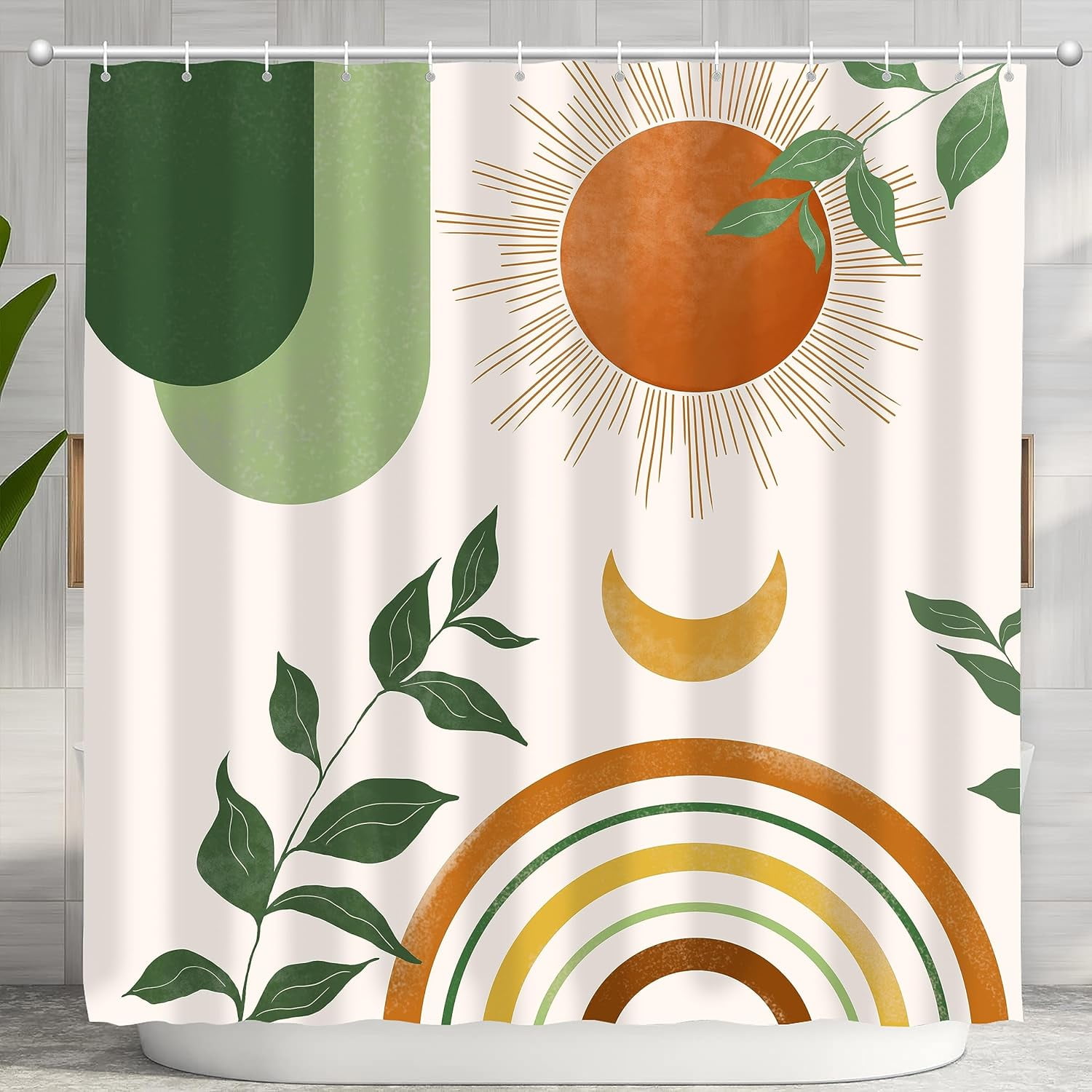 Mid Century Abstract Boho Aesthetic Shower Curtain Set, Green Nature Leaf Sun Modern Minimalist ...