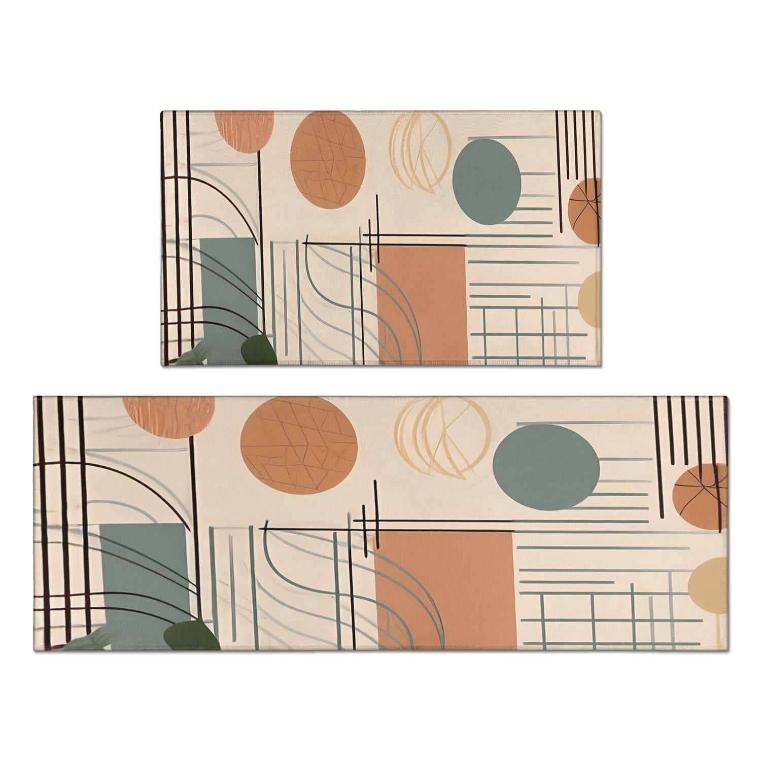 Mid Century Abstract Boho Minimalistic Kitchen Rug Set Of 2 Cushioned ...