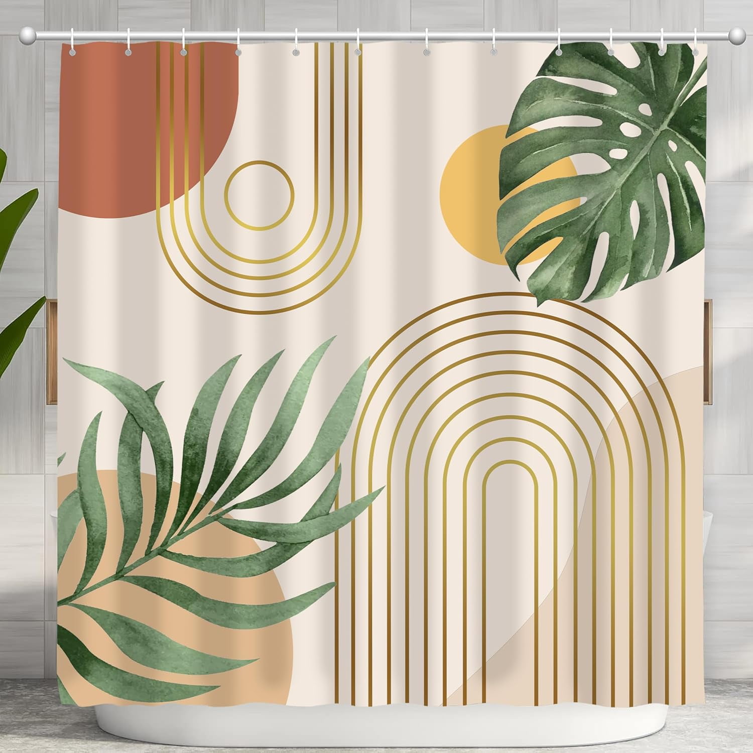 Mid Century Abstract Boho Orange Aesthetic Shower Curtain Set, Spring Summer Pink Green Nature ...