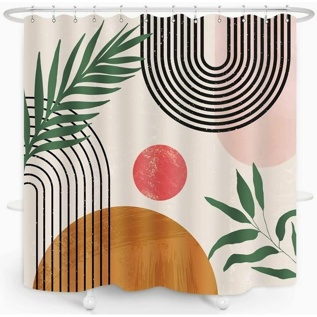 Mid Century Abstract Boho Shower Curtain Arch Sun Rainbow Green Leaves