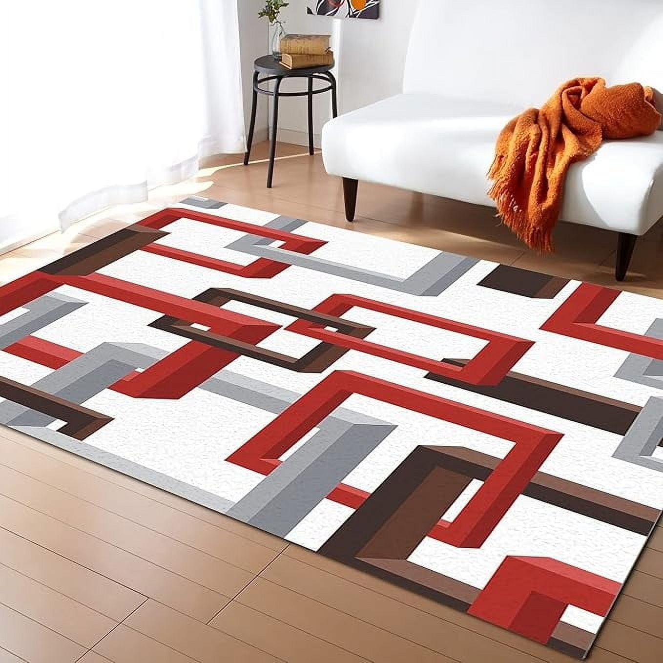 Mid Century Abstract Geometric Area Rug, Grid Rectangle Red Brown Gray ...