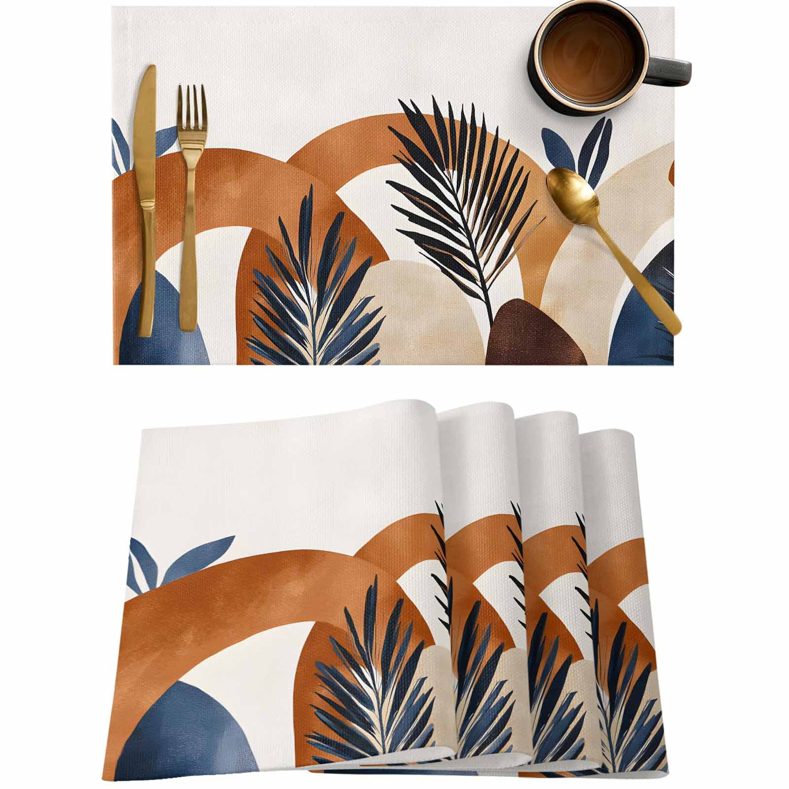 Mid Century Abstract Leaf Boho Placemats Set of 4,Wipeable Washable ...