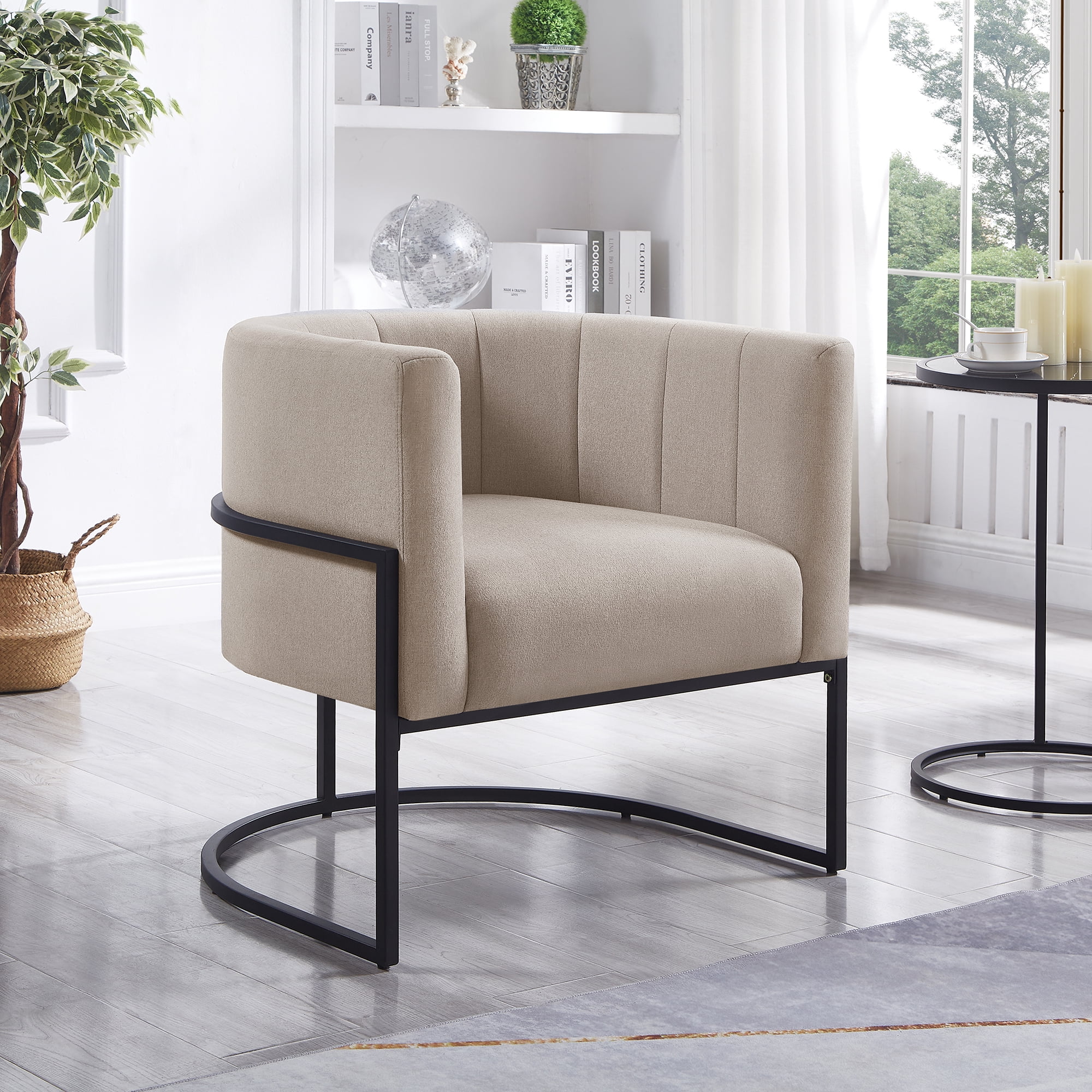 Mid-Century Accent Chair – 30" Tall – Linen Upholstery – Black Metal ...