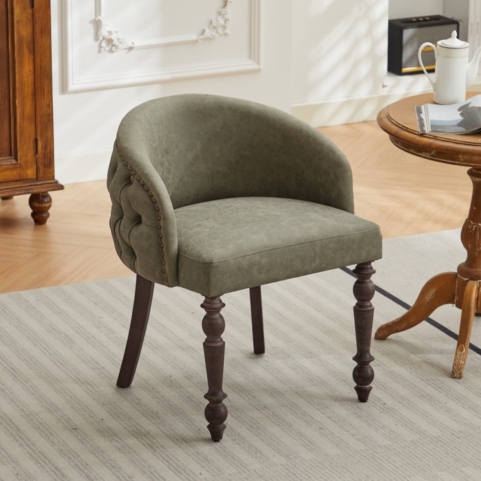 Mid-Century Accent Chair, PU Dining Chair with Solid Wood Armrests and ...