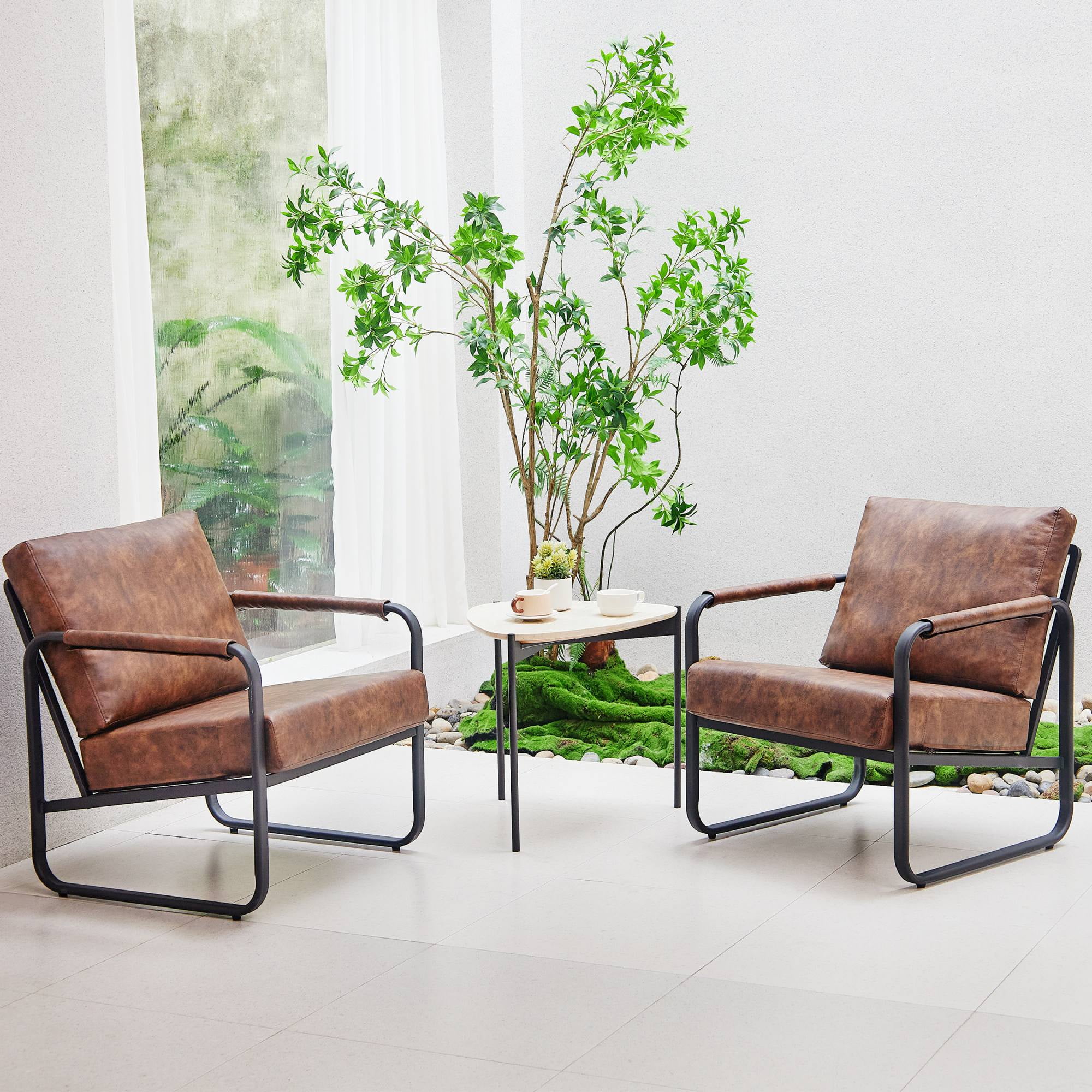 Mid-Century Accent Chair Set of 2 PU Leather Armchair, Retro Accent ...