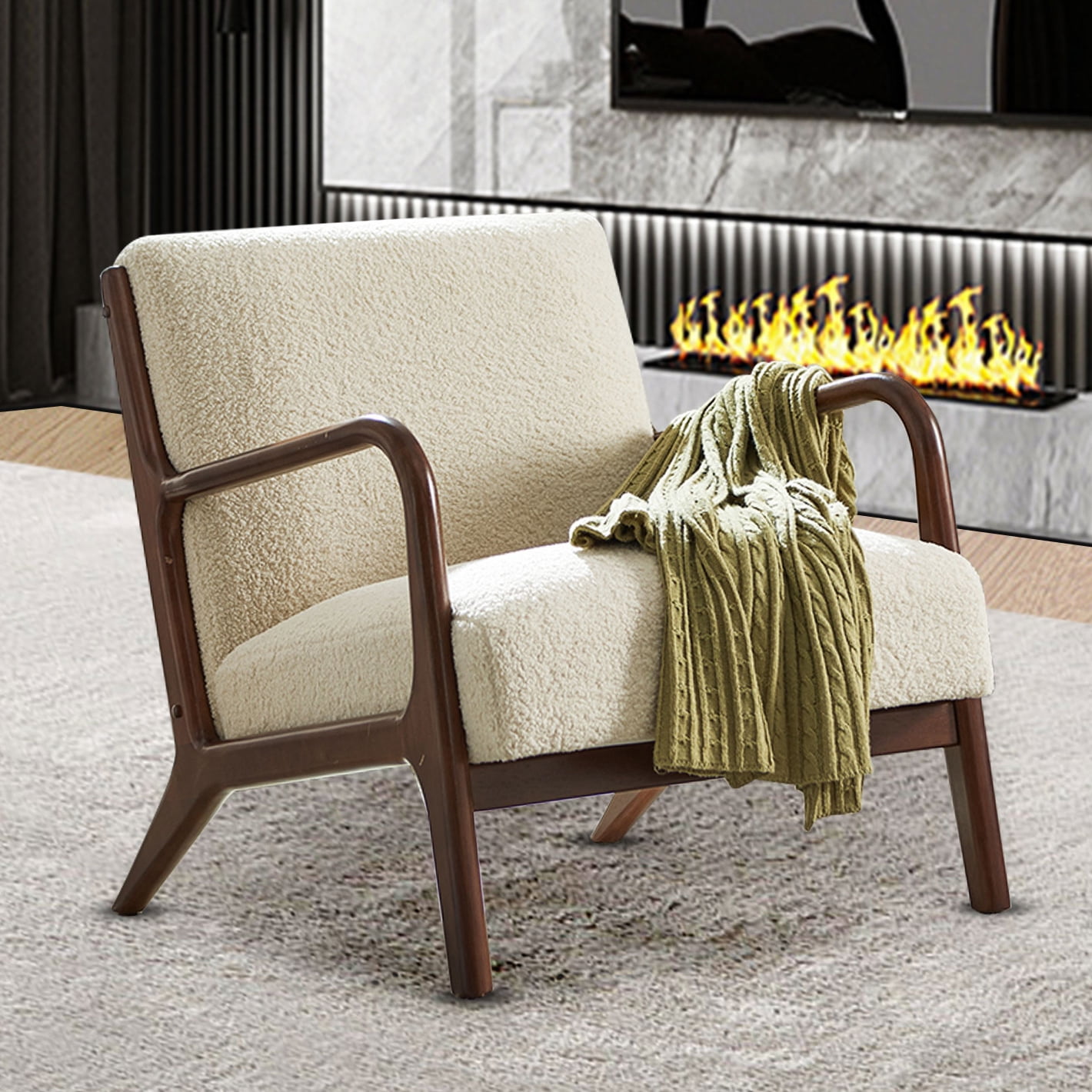 Mid-Century Accent Chair, Upholstered Lounge Armchair with Solid Wood ...