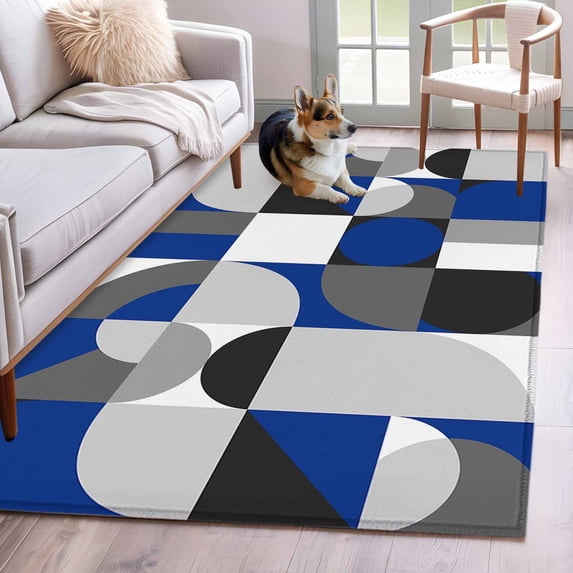 Mid Century Area Rugs 3x5 ft Navy Blue Grey Abstract Retro Geometric ...