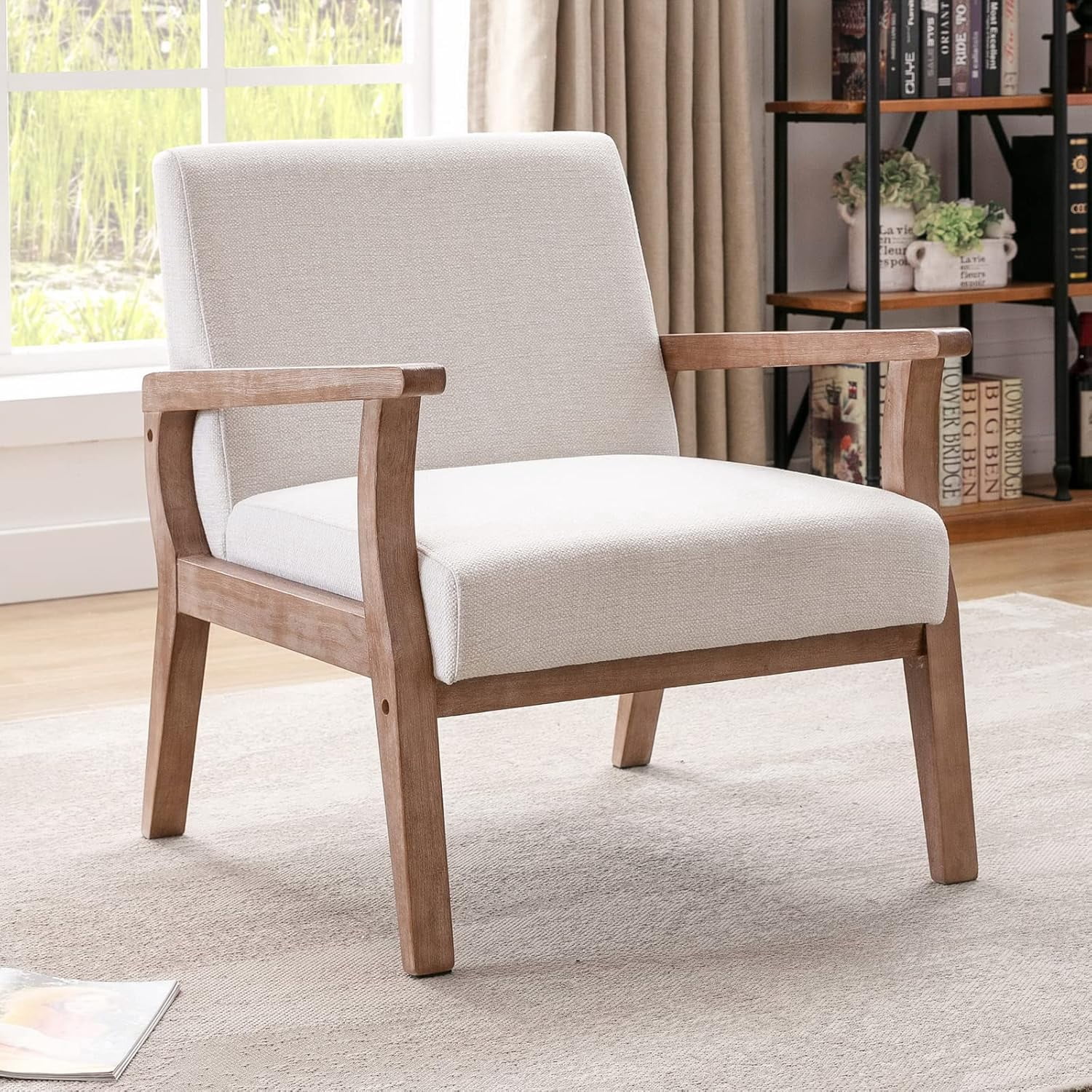 Mid Century Armchair with Wood Frames, Linen Upholstered Living Room ...