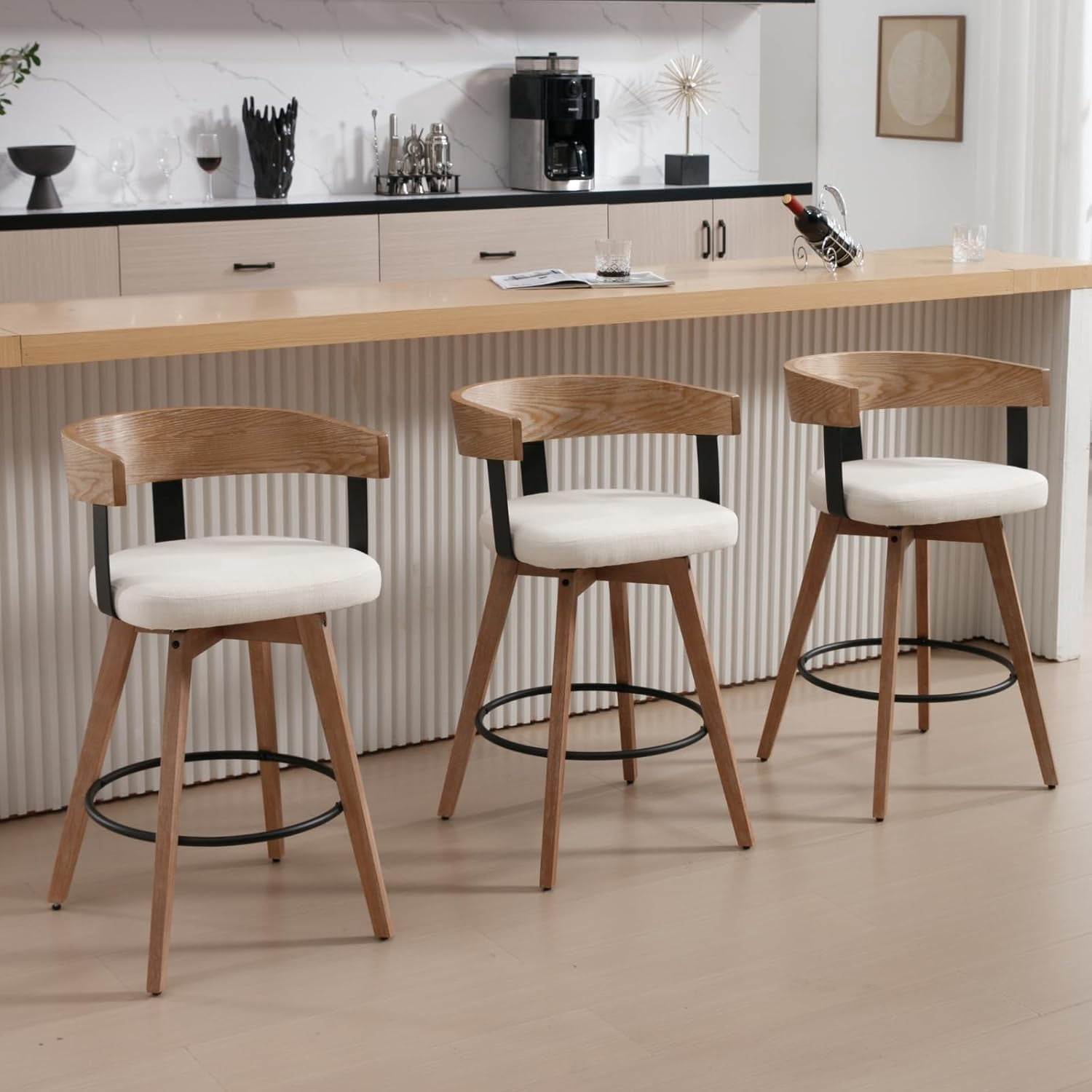 Mid-Century Bar Stool, Swivel Counter Height Stool Linen Fabric ...