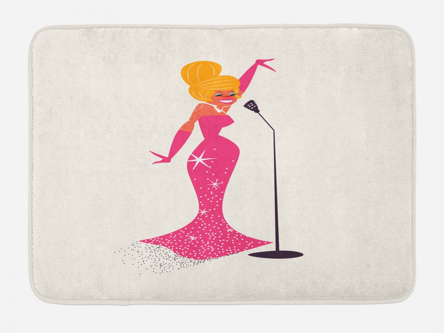 Mid Century Bath Mat, Female Singer with Microphone Image on Plain ...