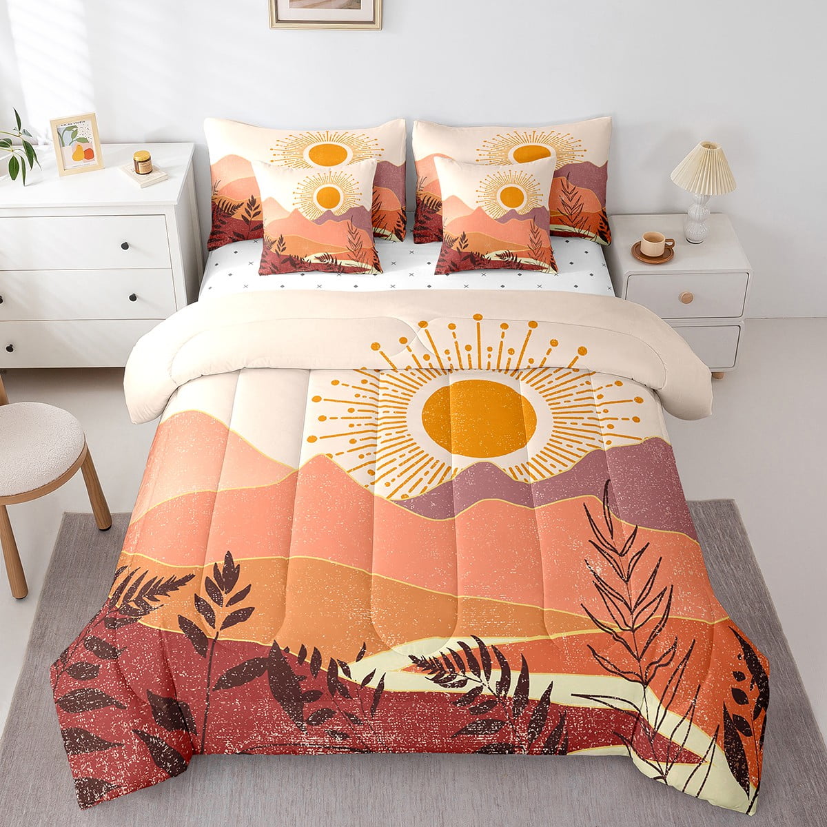 Mid Century Bed in a Bag Queen Comforter Set 7 Piece,Minimalism Bedding Sets Mountain River ...