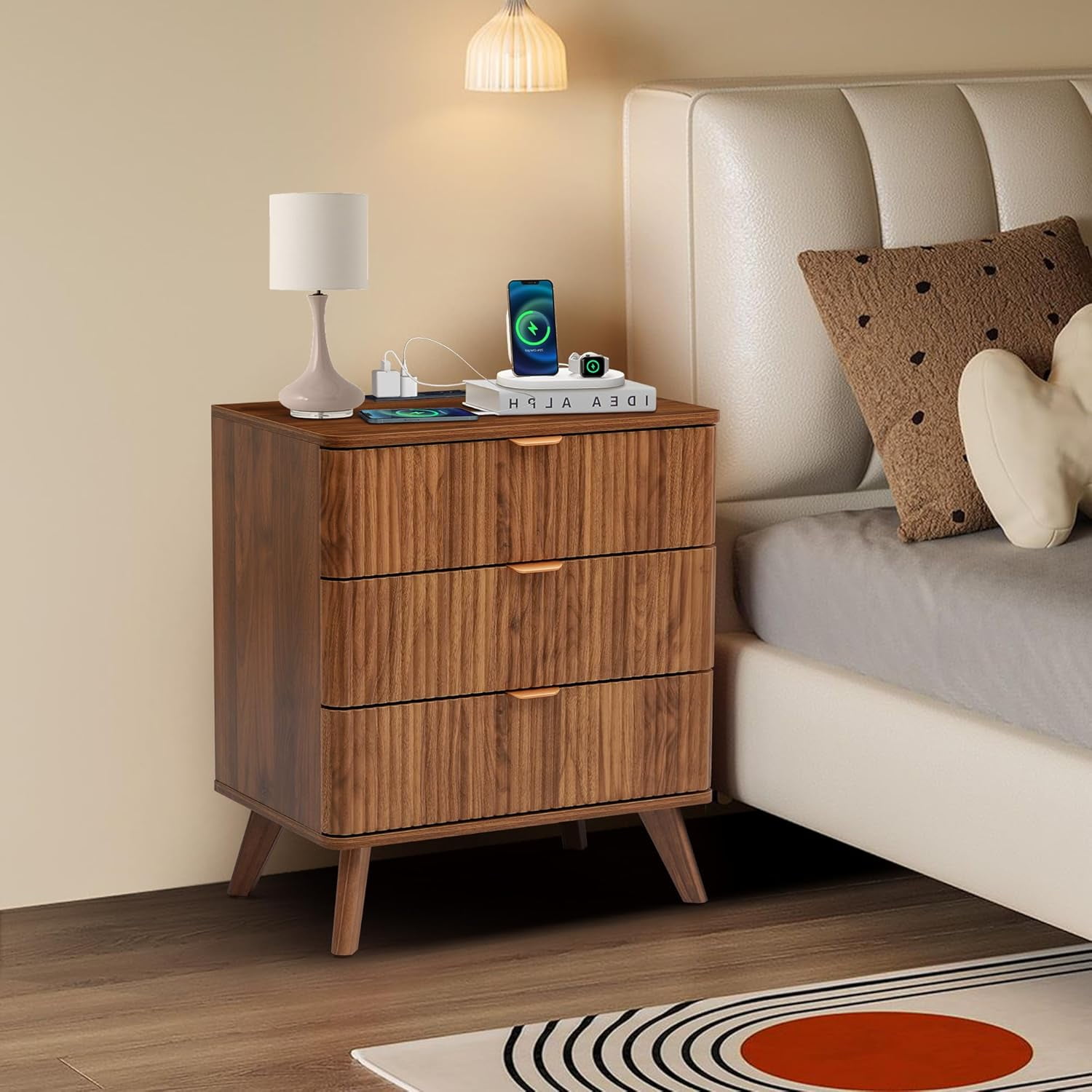 Mid-Century Bedside Table with Charging Station, Fluted Farmhouse ...