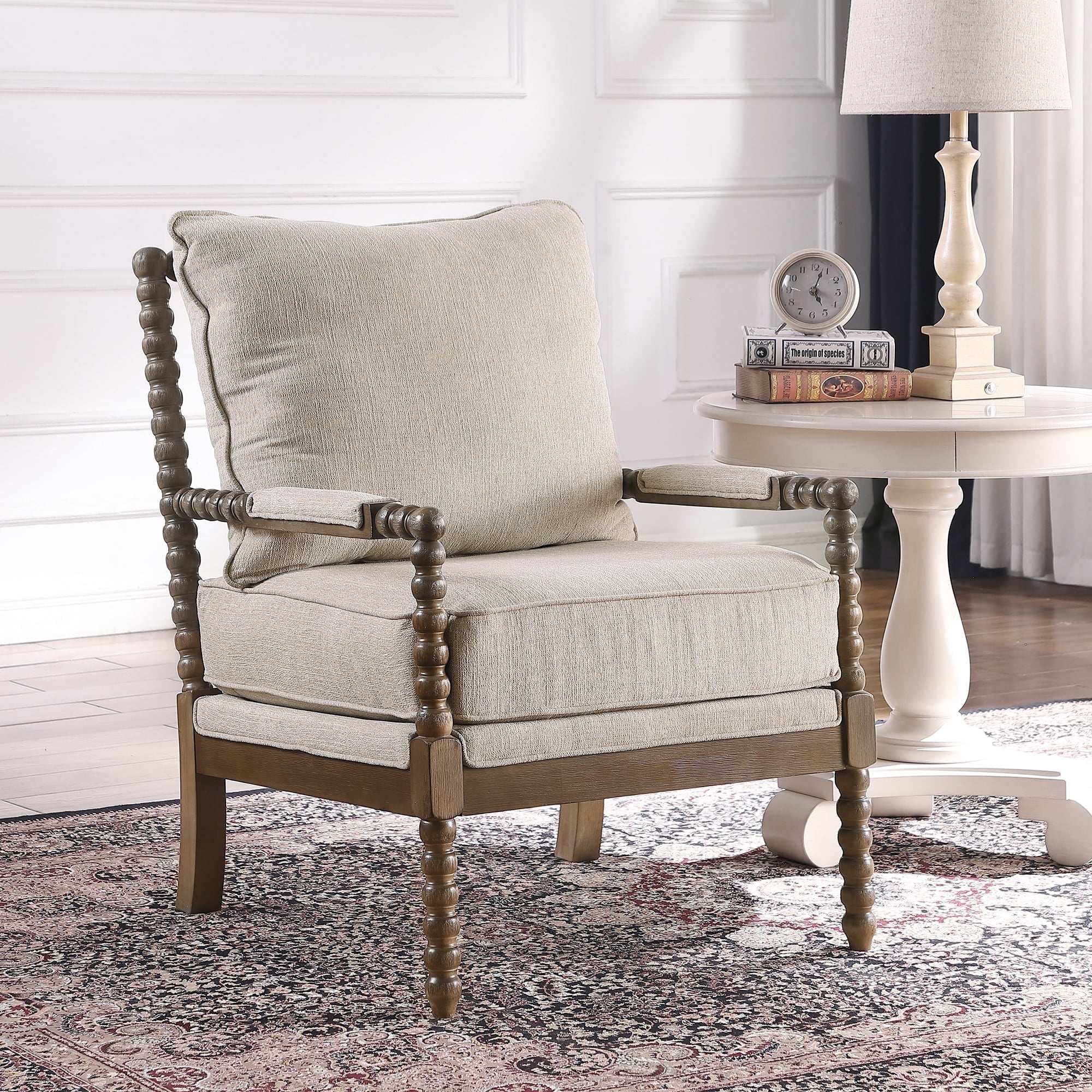 Mid Century Beige Spindle Accent Chair Upholstered Armchair with Thick ...
