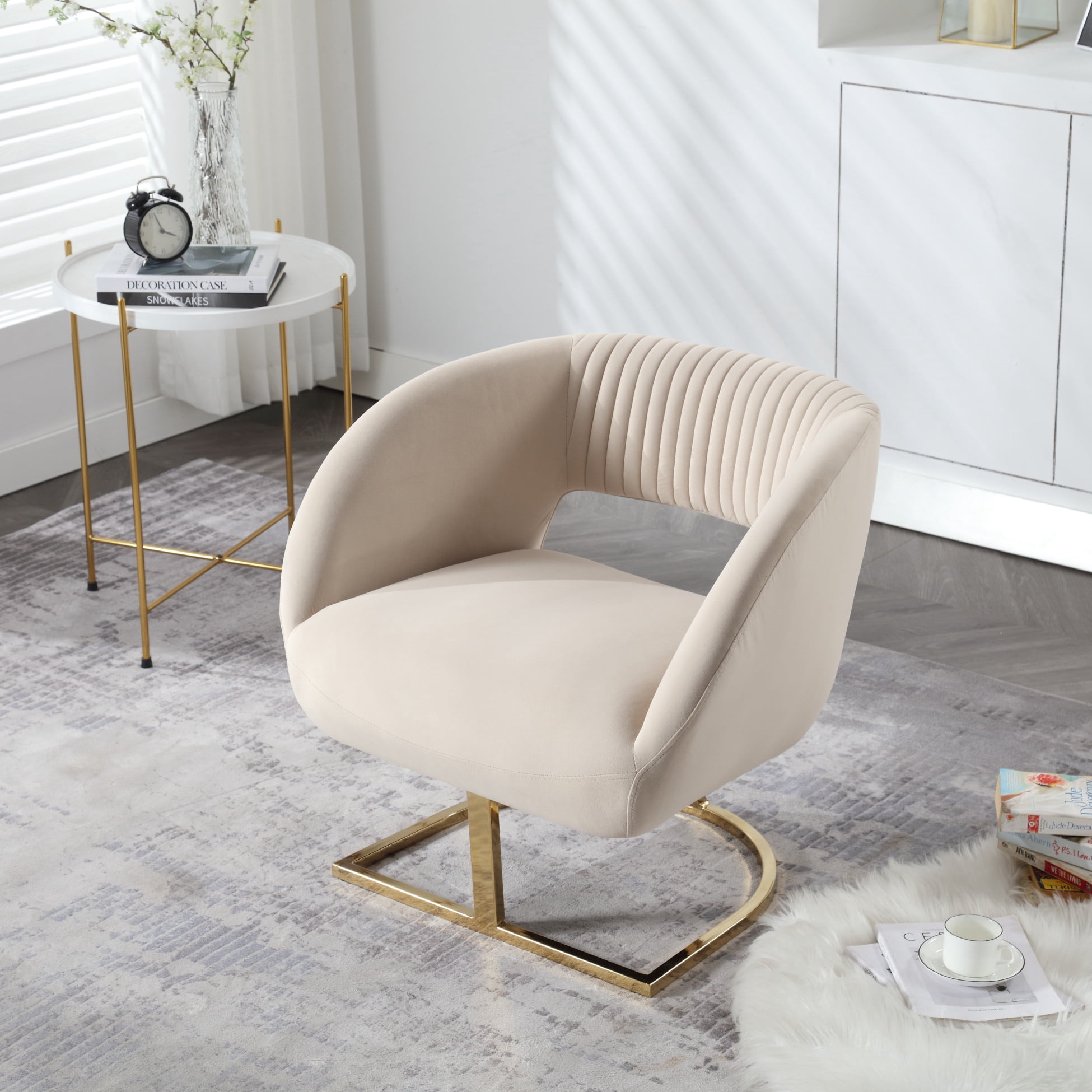 Mid-Century Beige Upholstered Tufted Living Room Chair, Textured Velvet ...