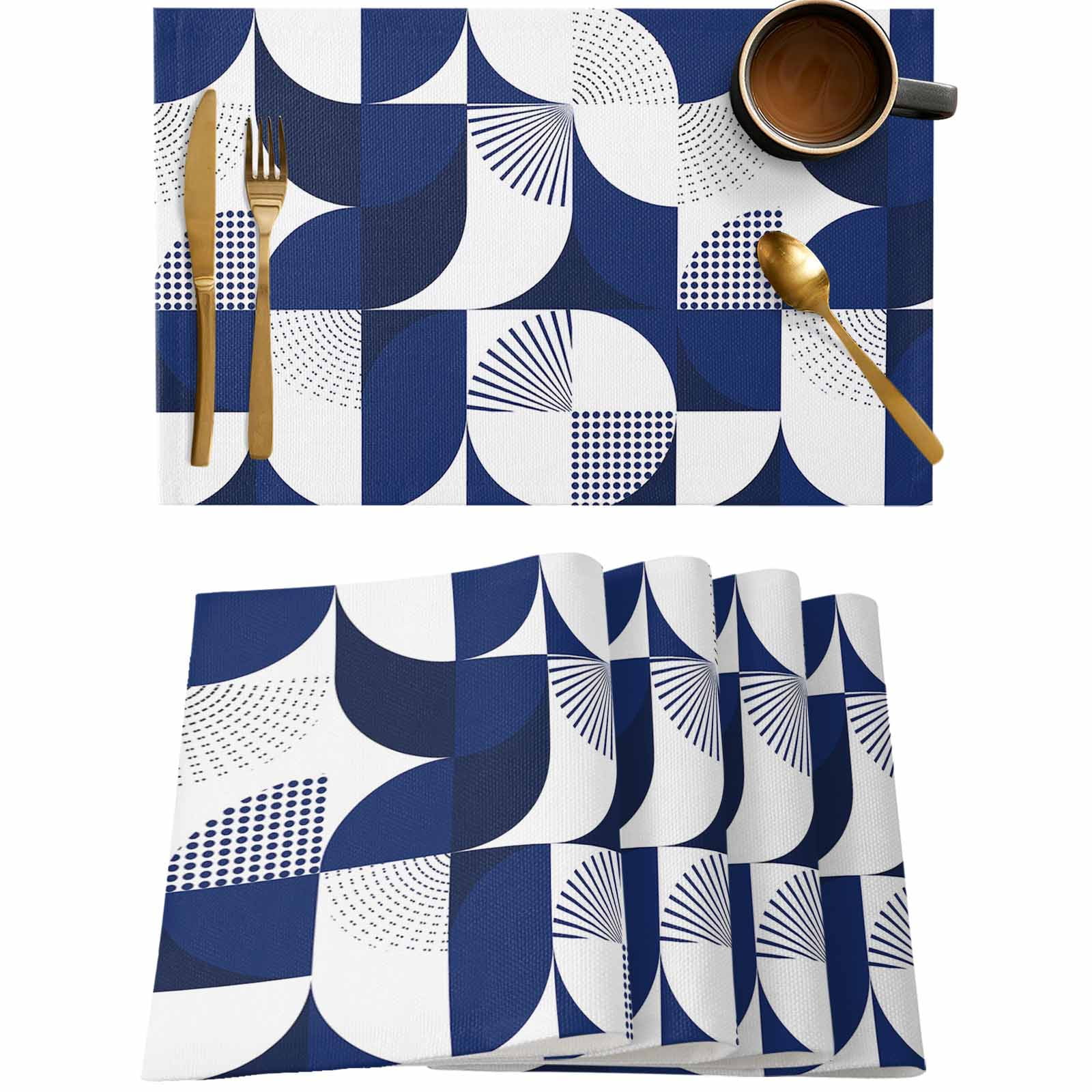 Mid Century Blue Abstract Geometric Placemats Set of 4,Wipeable ...
