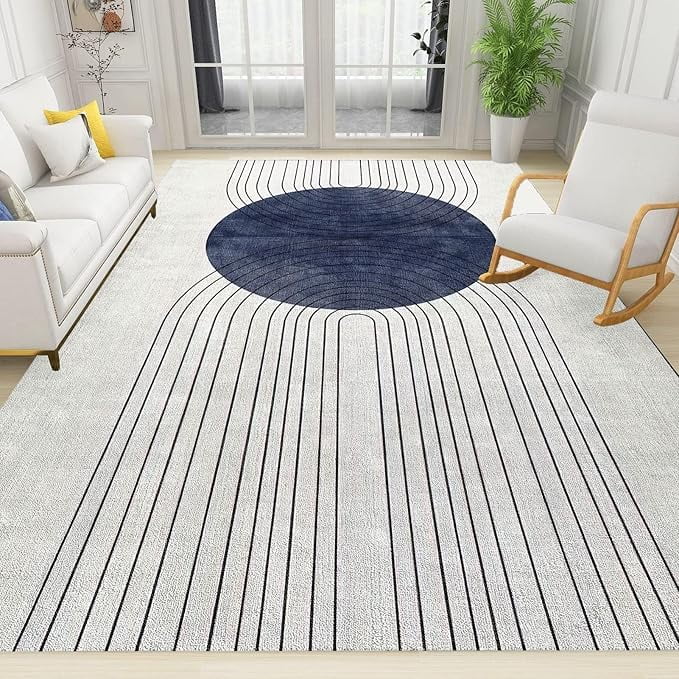 Mid Century Boho Abstract Area Rugs, Navy Blue Geometry Line Art Large ...