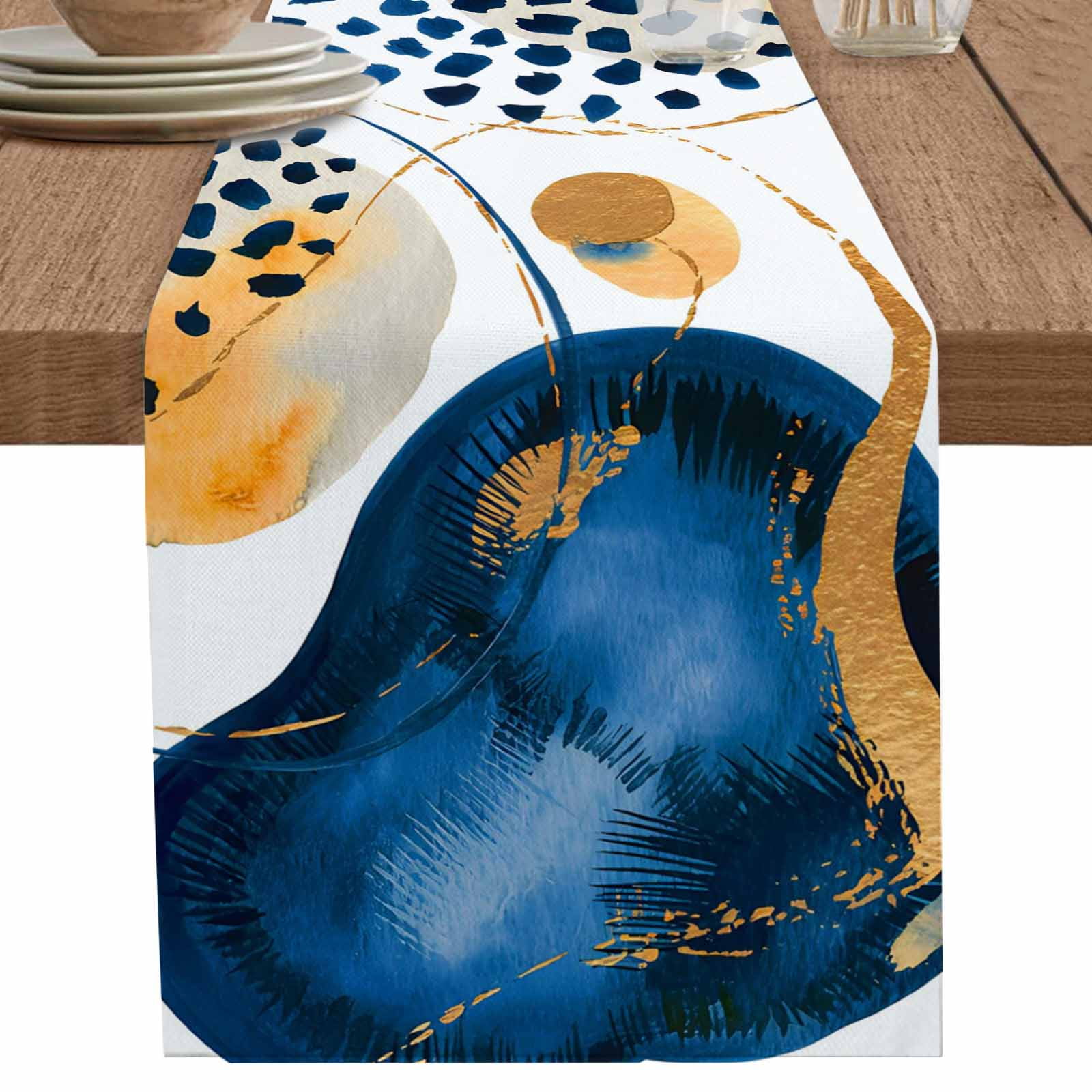 Mid Century Boho Aesthetic Blue Color Block Table Runner-36 Inch Long ...