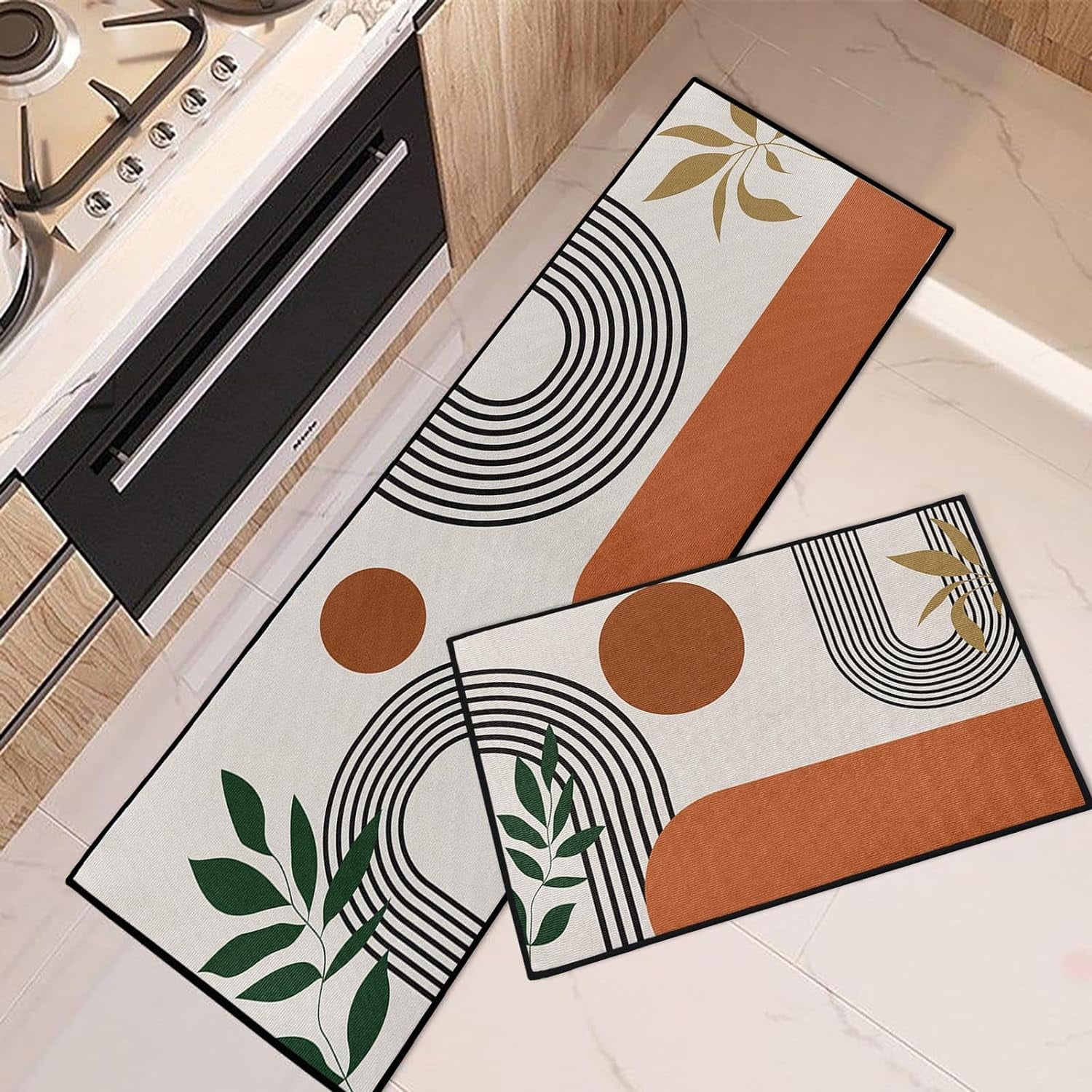 Mid Century Boho Home Kitchen Rugs and Mats Non Skid Washable Set of 2 ...
