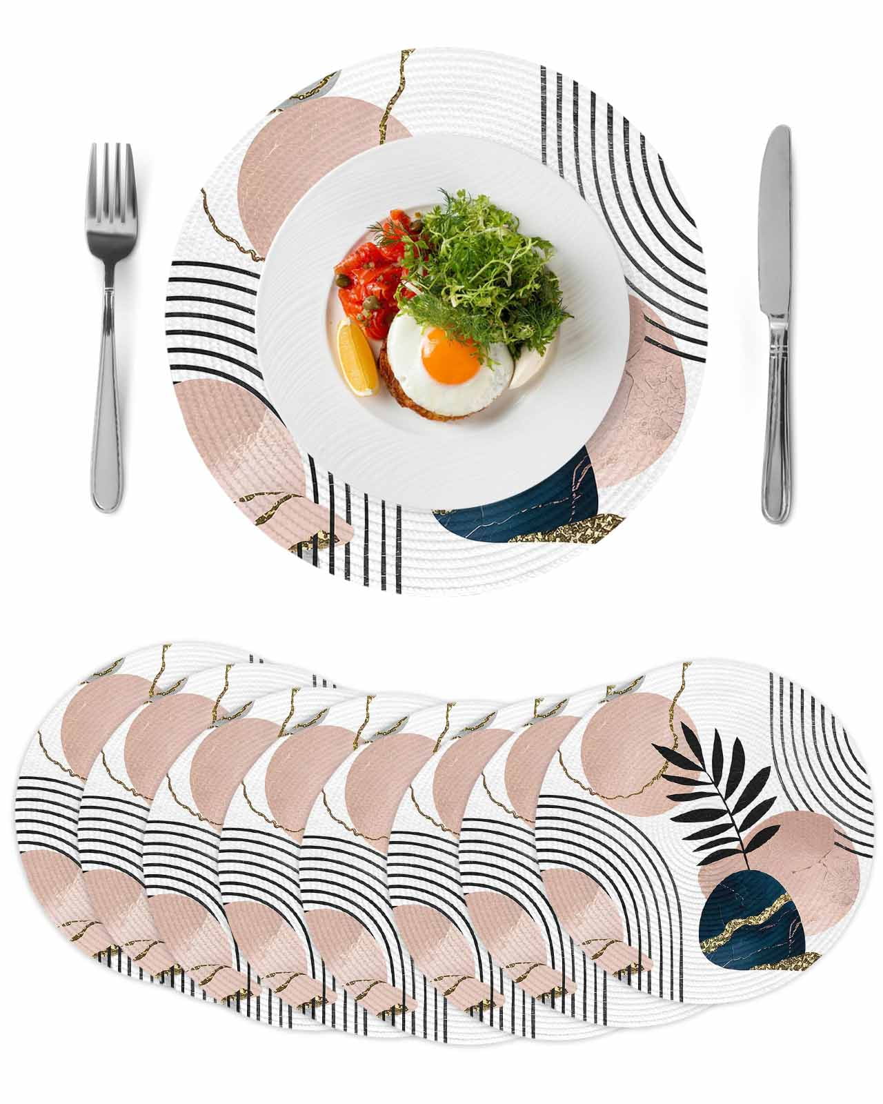 Mid Century Boho Round Table Placemats set of 8, Navy Pink Abstract Geo ...