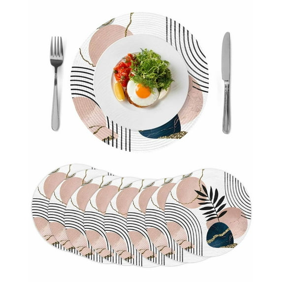 Mid Century Boho Round Table Placemats set of 8, Navy Pink Abstract Geo ...