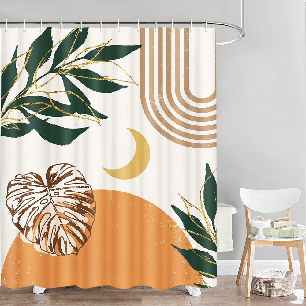 Mid Century Boho Shower Curtain for Bathroom, Bohemian Abstract Arch Plant Botanical Fabric ...