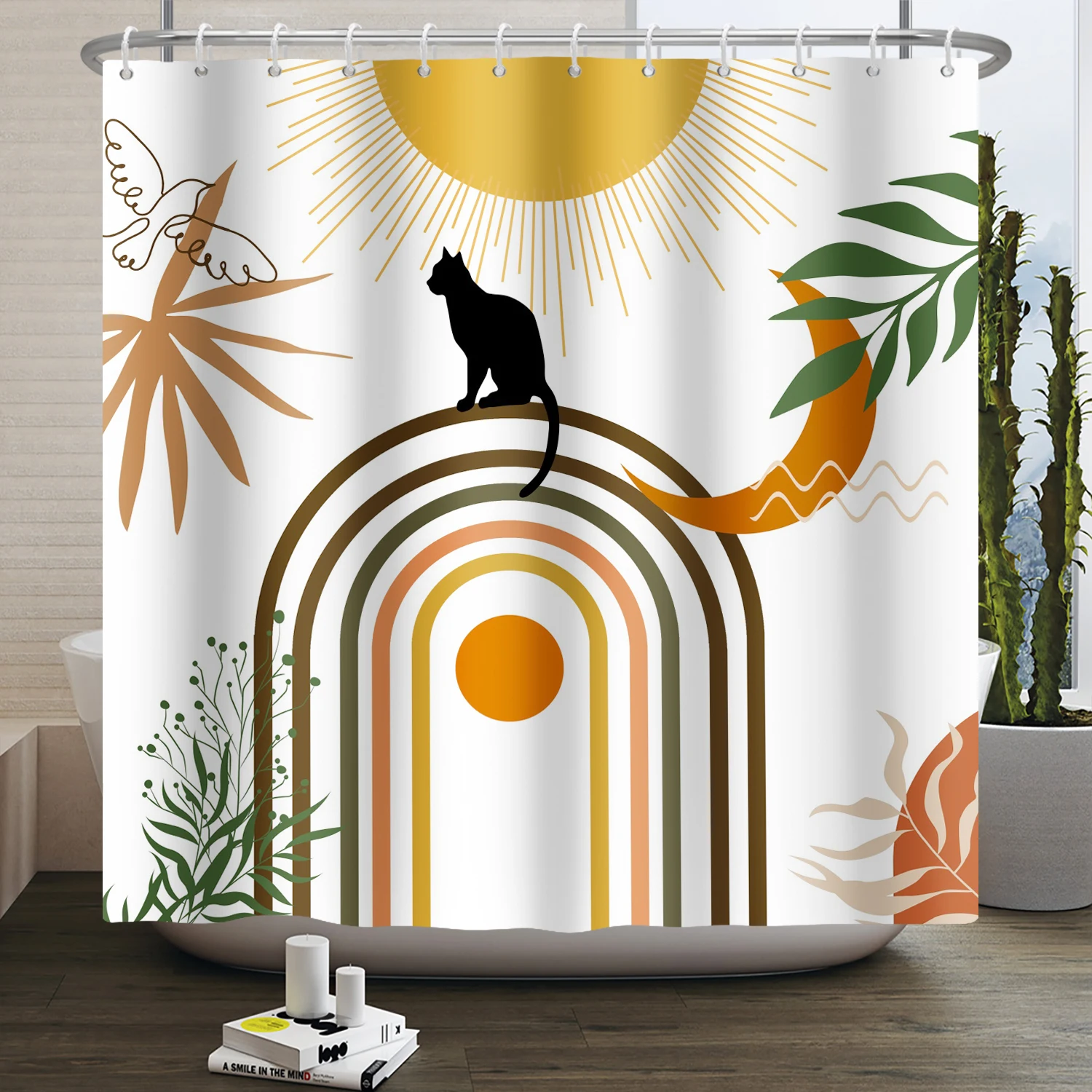 Mid Century Boho Shower Curtain for Bathroom Cat Modern Abstract ...