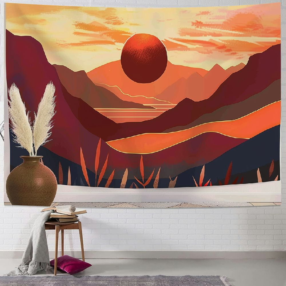 Mid Century Boho Sun Tapestry Wall Hanging, Abstract Mountains Rivers ...