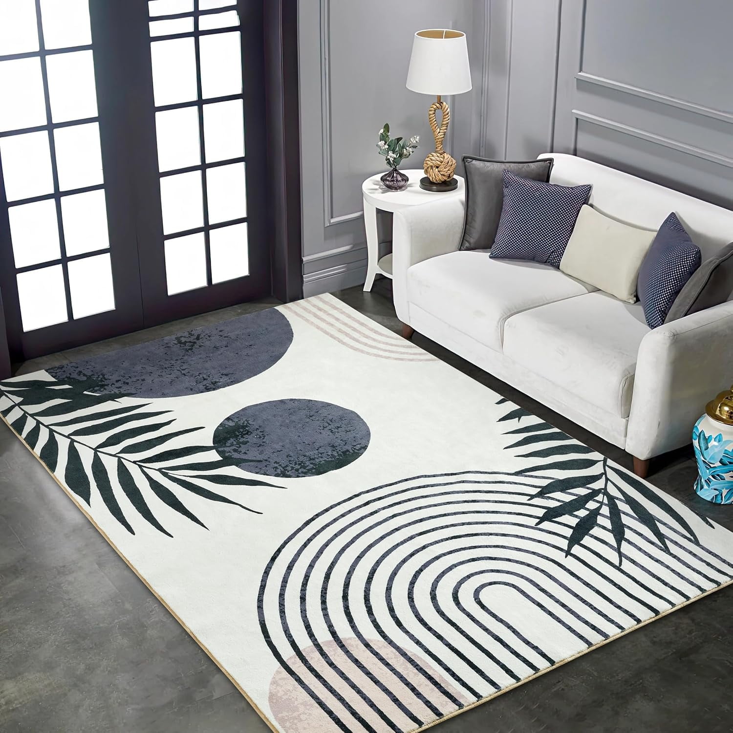 Mid Century Boho Washable Rug, Black Vintage Cute Aesthetic Area Rugs ...