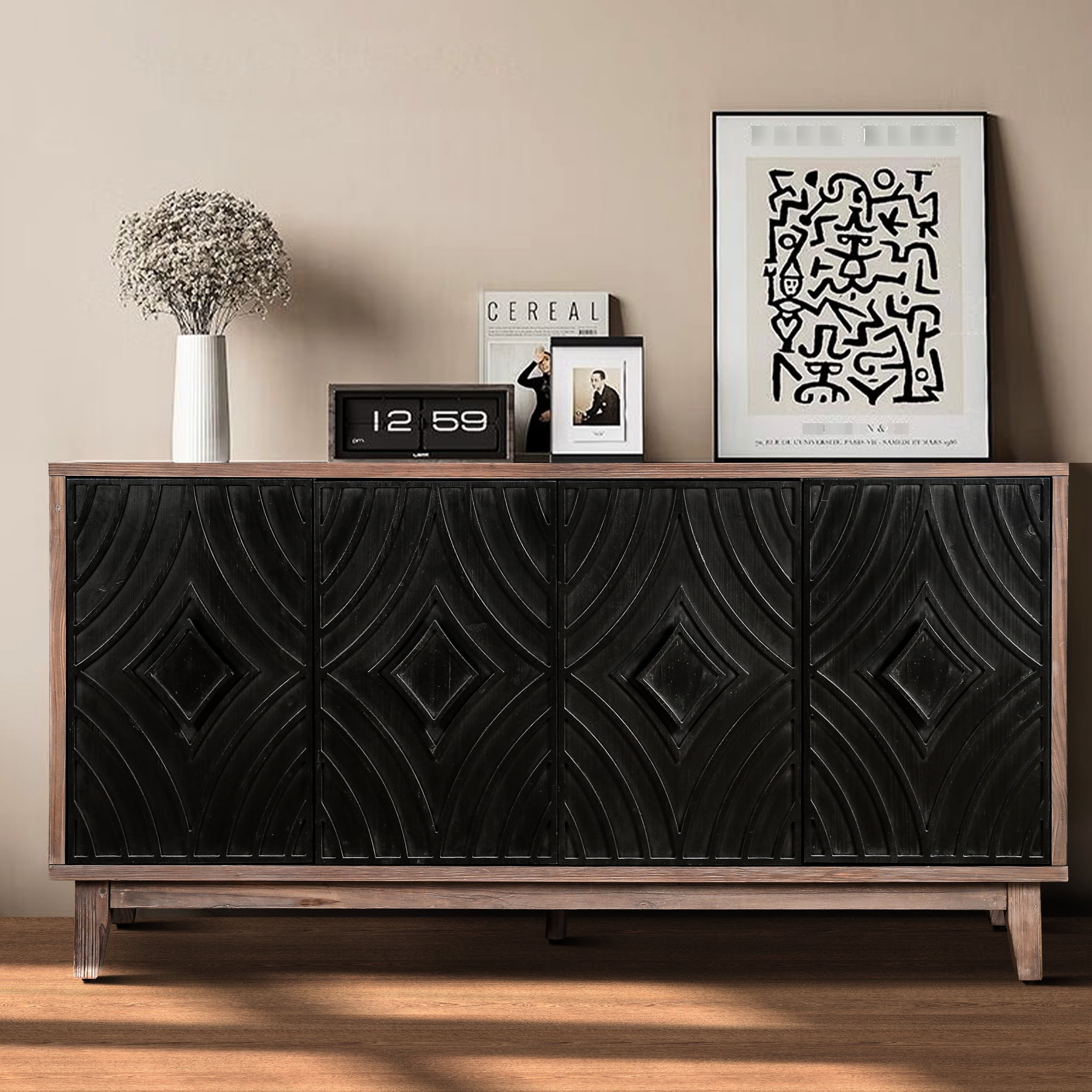 Mid Century Console Cabinet With 4 Convex Pattern Doors And 2 Shelves ...