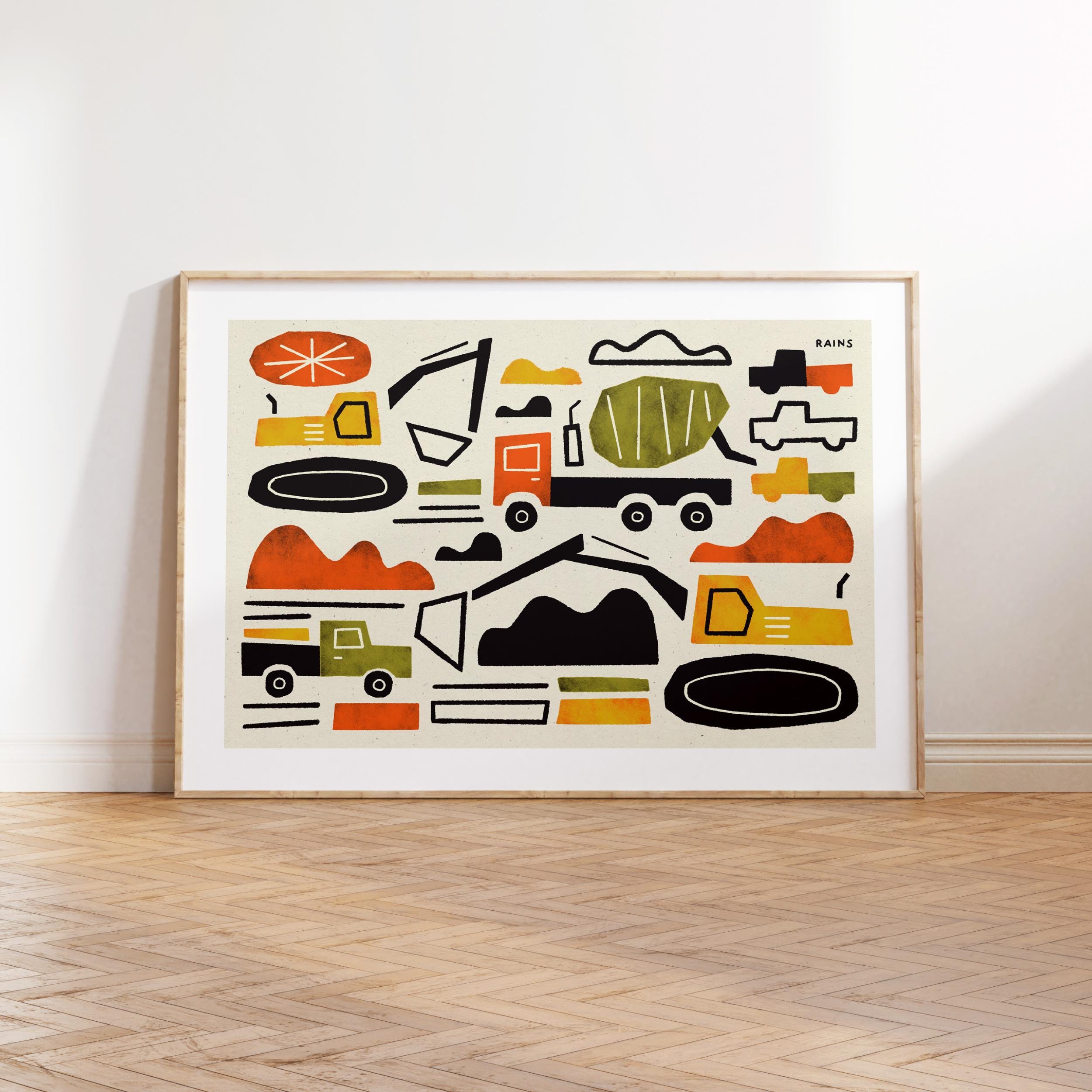Mid-Century Construction Vehicles Art Print, Construction Art, Digger ...