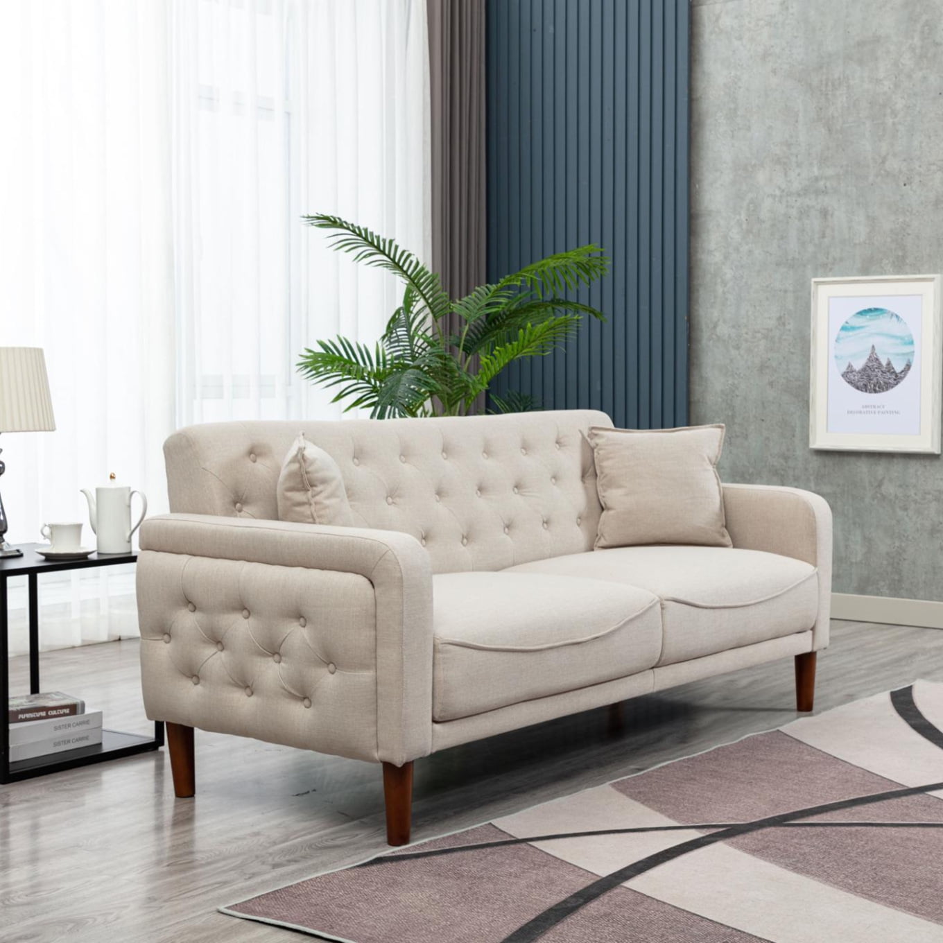 Mid Century Couches, 3-Seat Linen Love Seat Sofa with 2 Throw Pillows ...