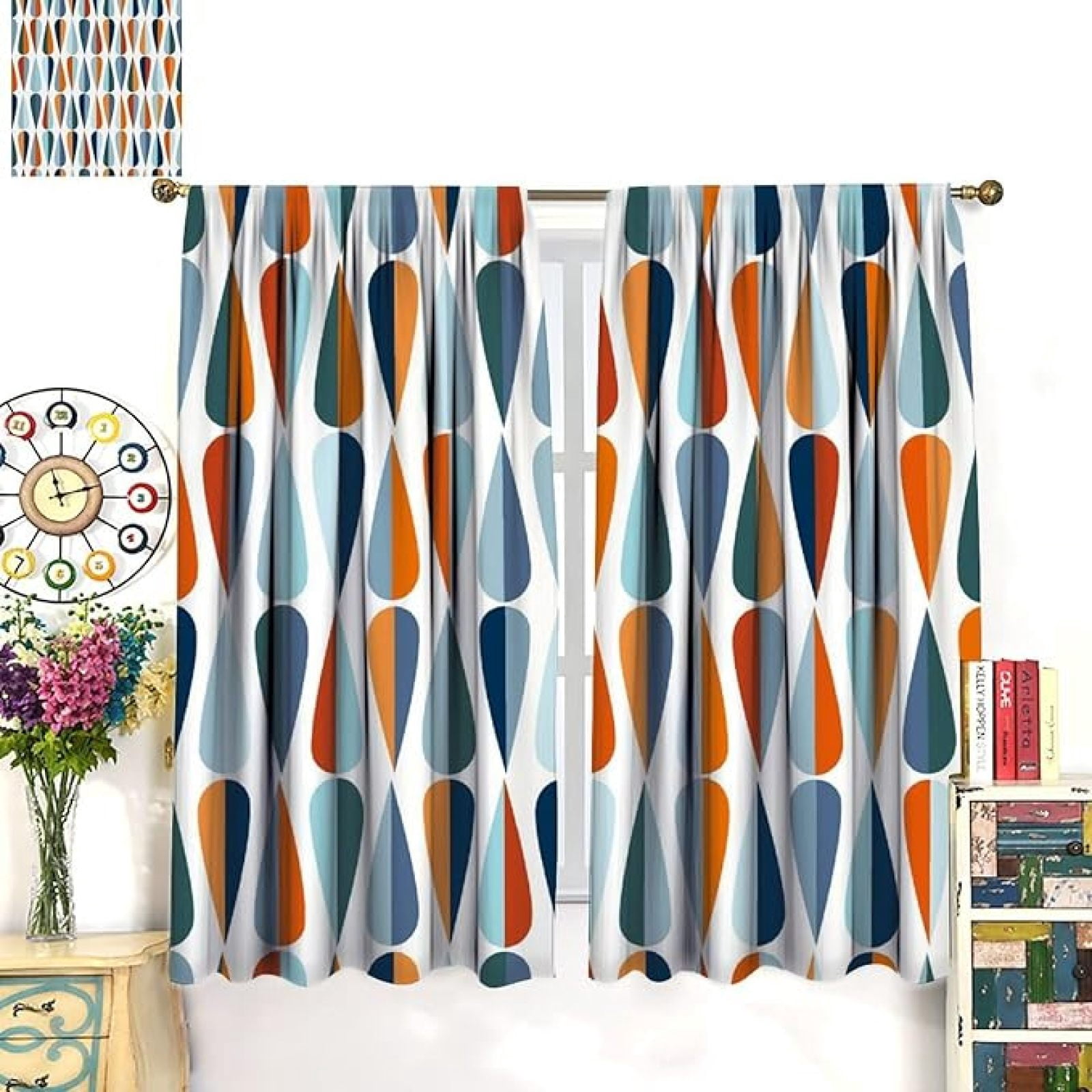 Mid Century Curtains Modern Colorful Orange Abstract Geometric Curtain ...