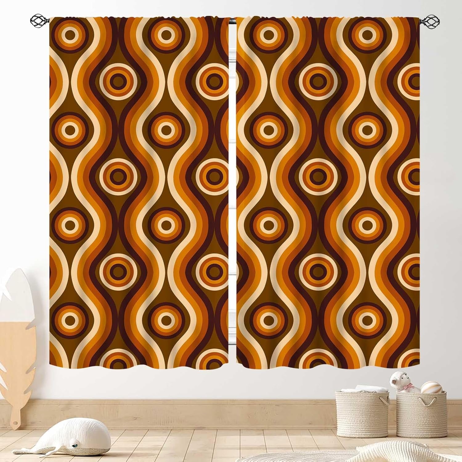 Mid Century Curtains, Retro 70s Colorful Orange Geometric Abstract ...