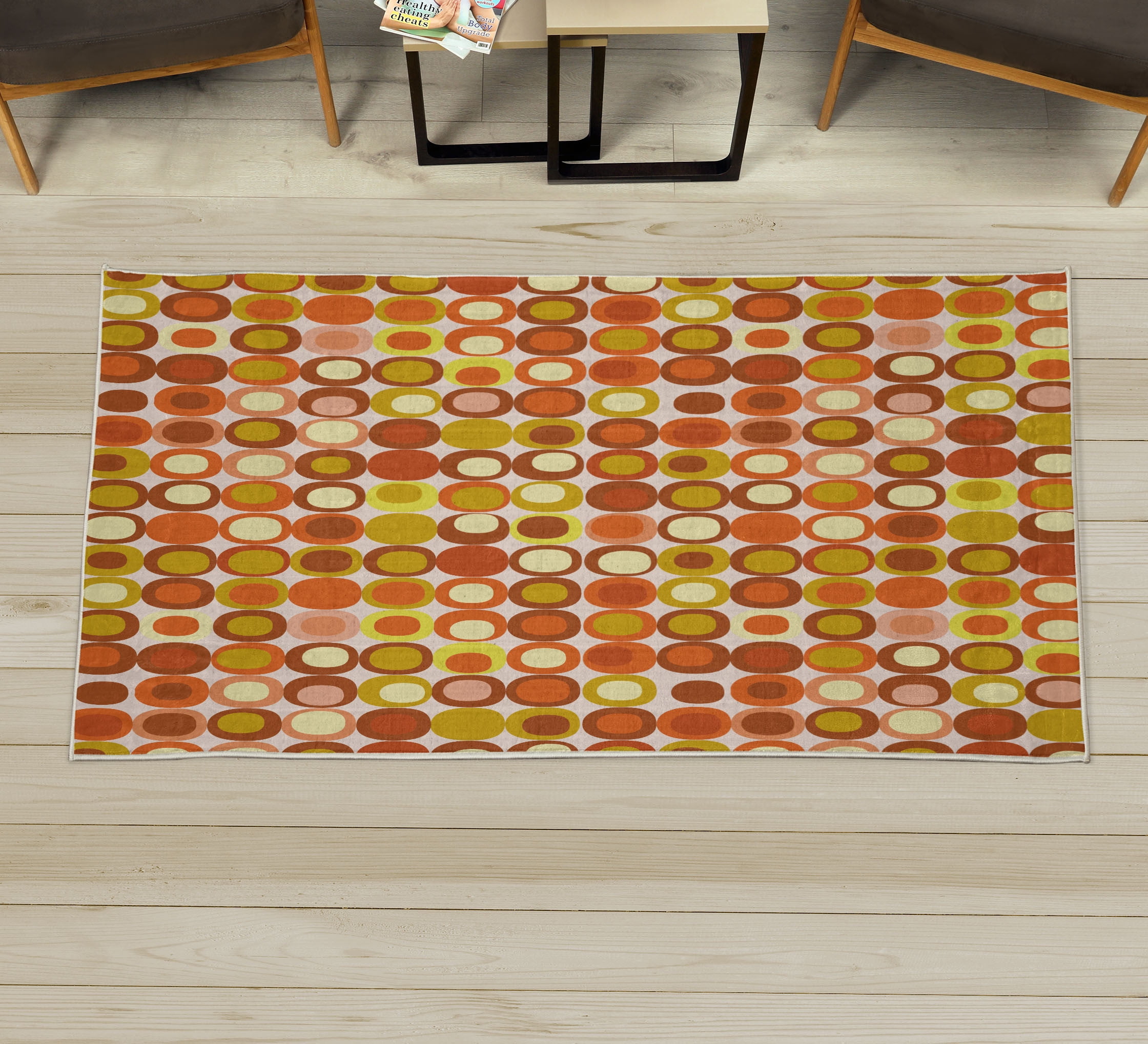 Mid Century Decorative Rug, Retro-Themed Styled Round Edged Mosaic ...