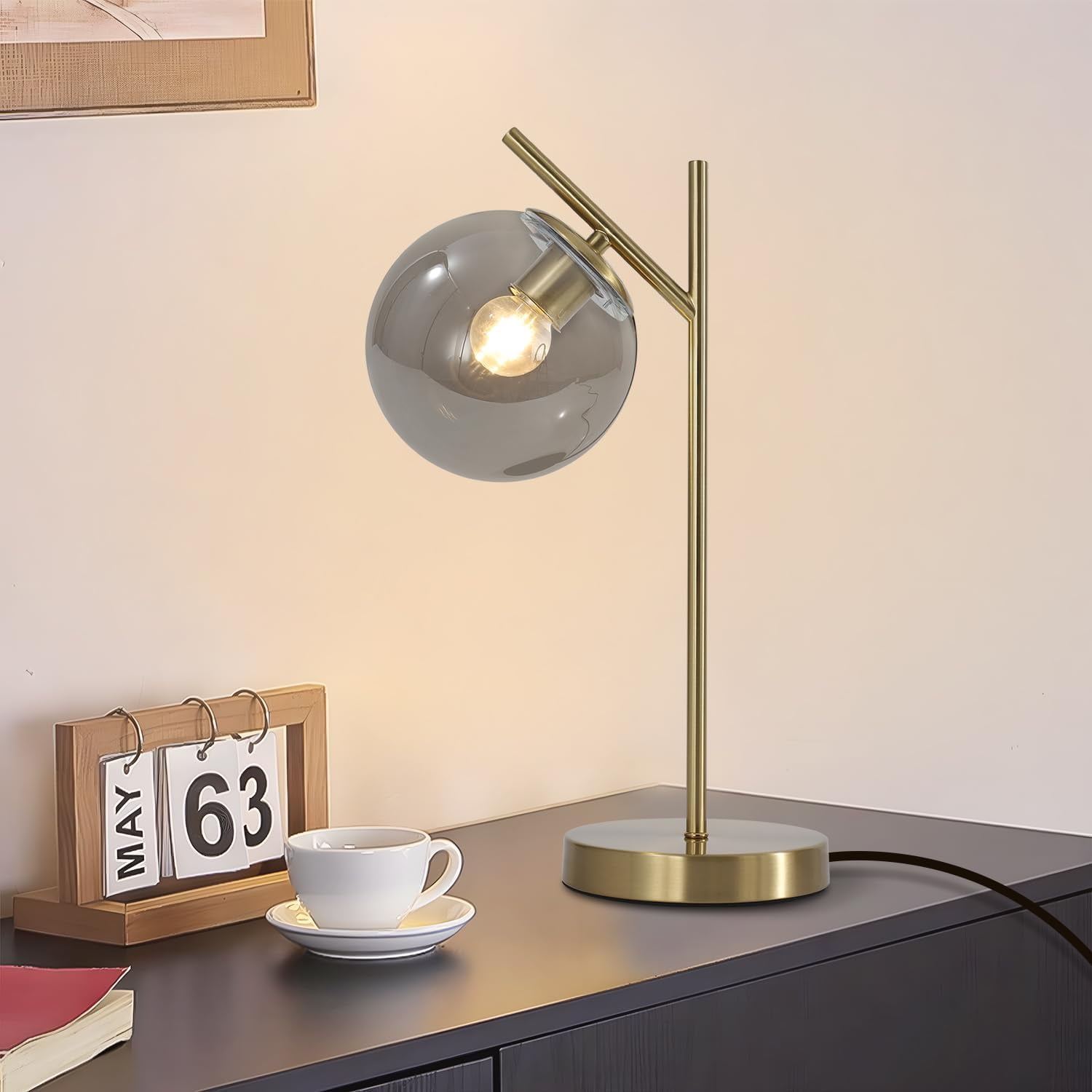 Mid Century Desk Lamp Glass Globe Table Lamp with Gray Glass lampshade ...