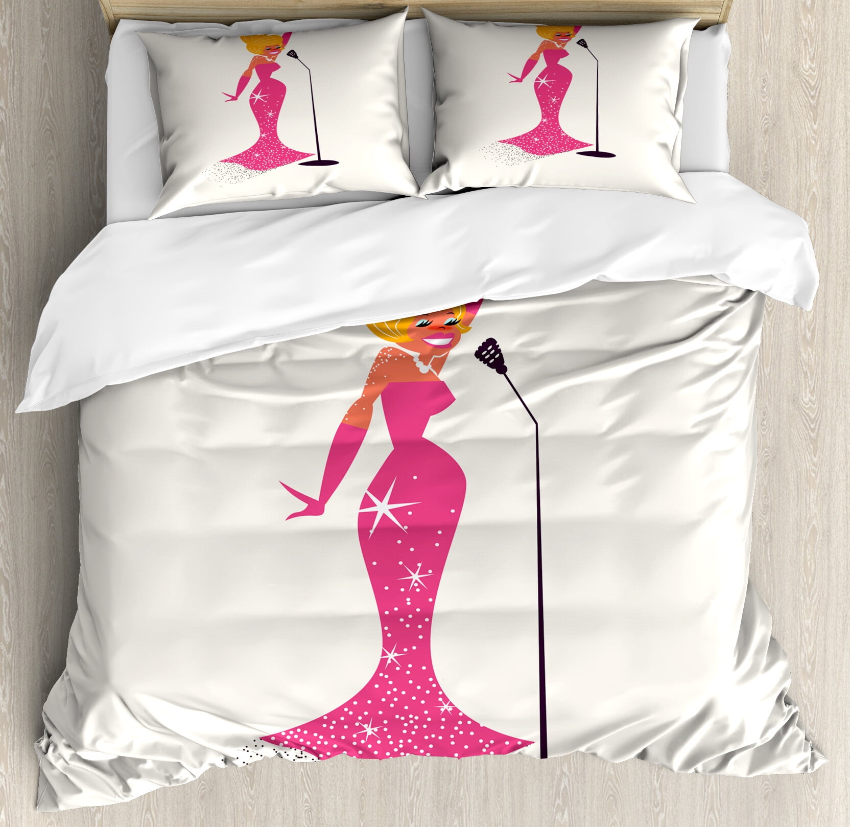Mid Century Duvet Cover Set, Female Singer with Microphone Image on ...