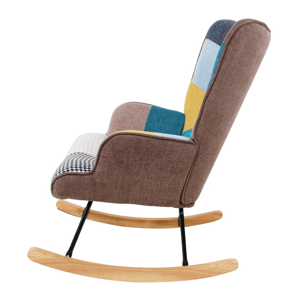 Mid Century Fabric Rocking Chair with Wood Legs and Patchwork Linen for ...