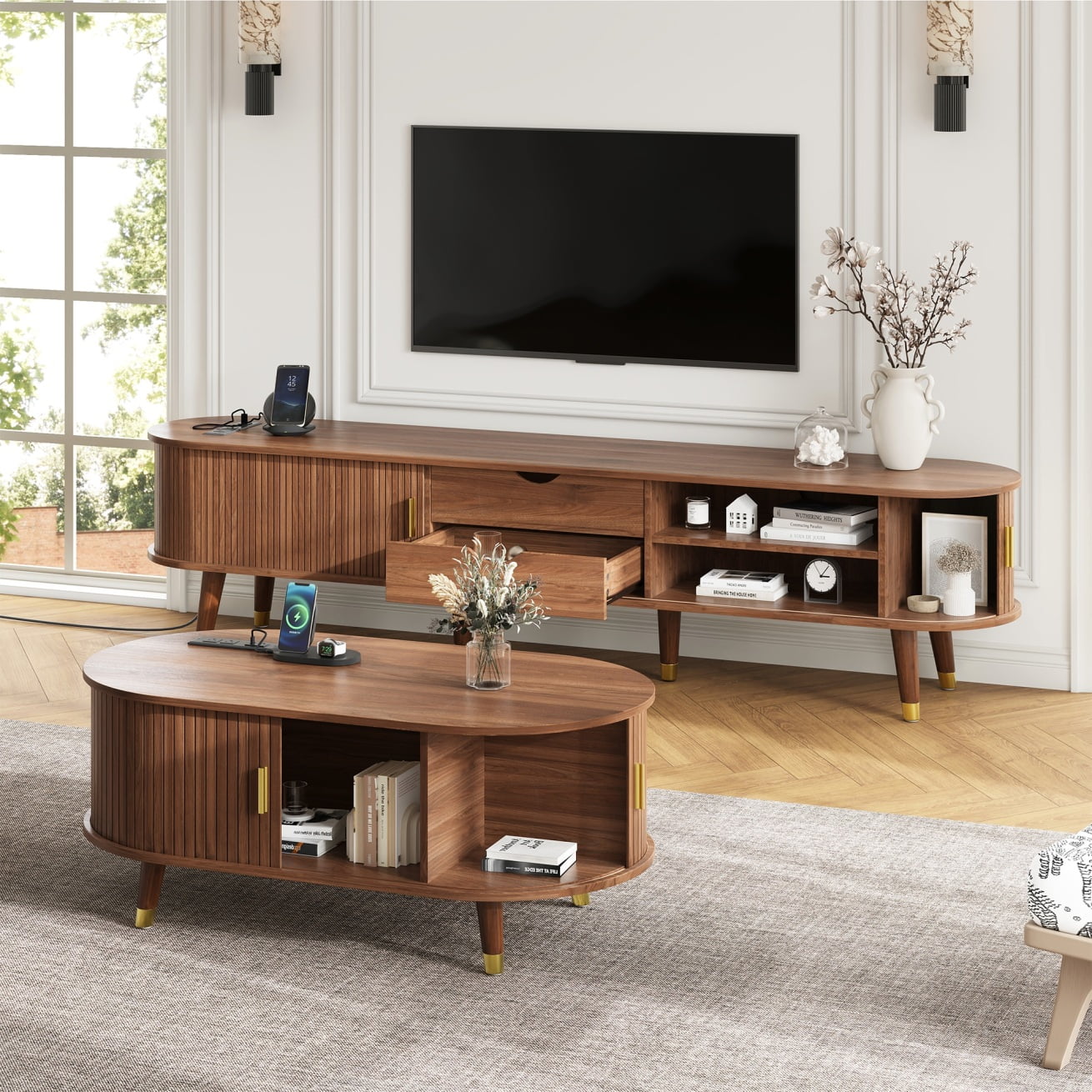 Mid-Century Farmhouse TV Stand & Coffee Table Set with Sliding Doors ...