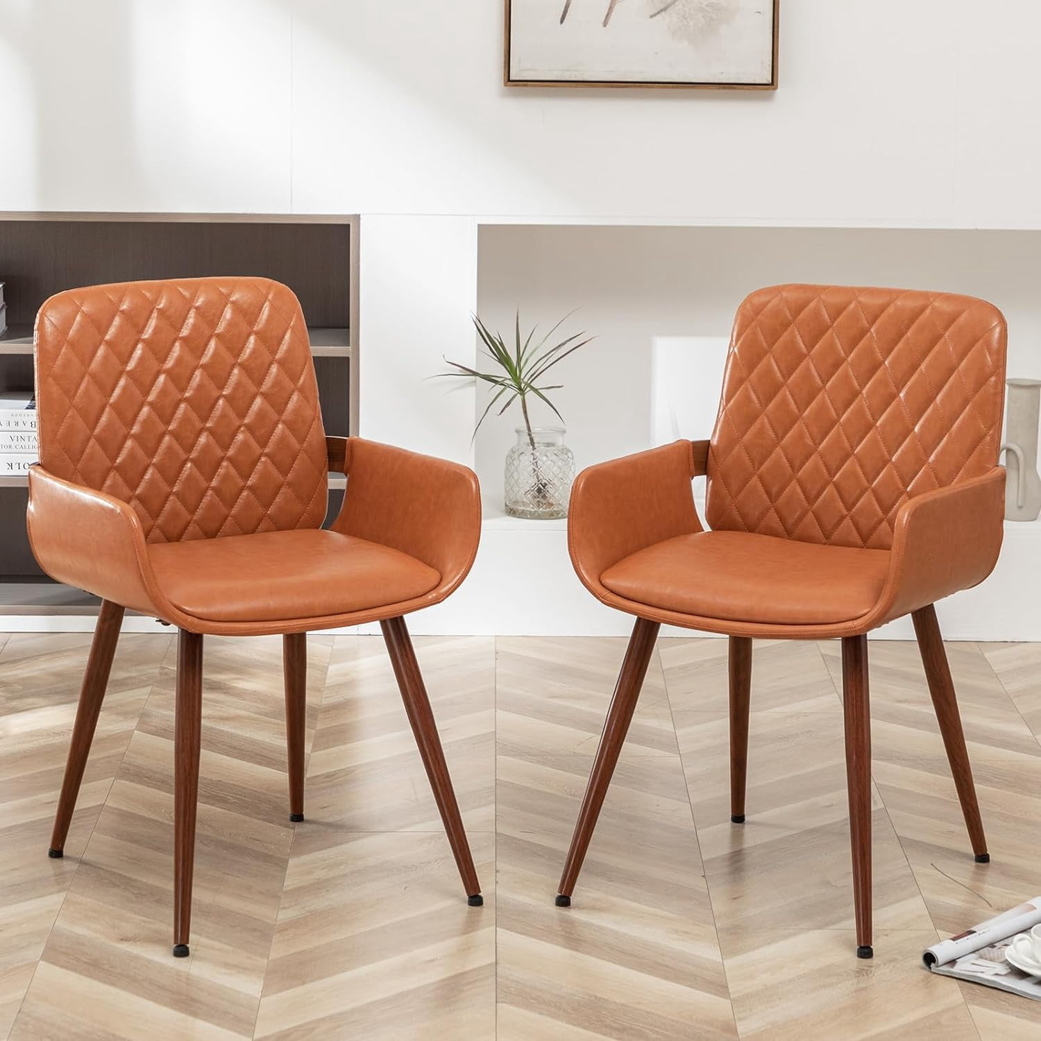 Mid Century Faux Leather Dining Chairs Black Upholstered Seat Metal ...