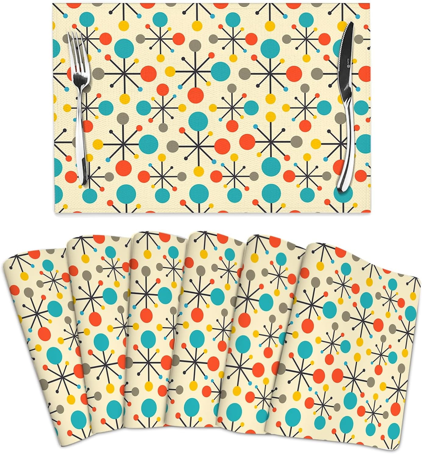Mid Century Fifties Modern Atomic Retro Table Mats Set of 6 Linen Heat ...