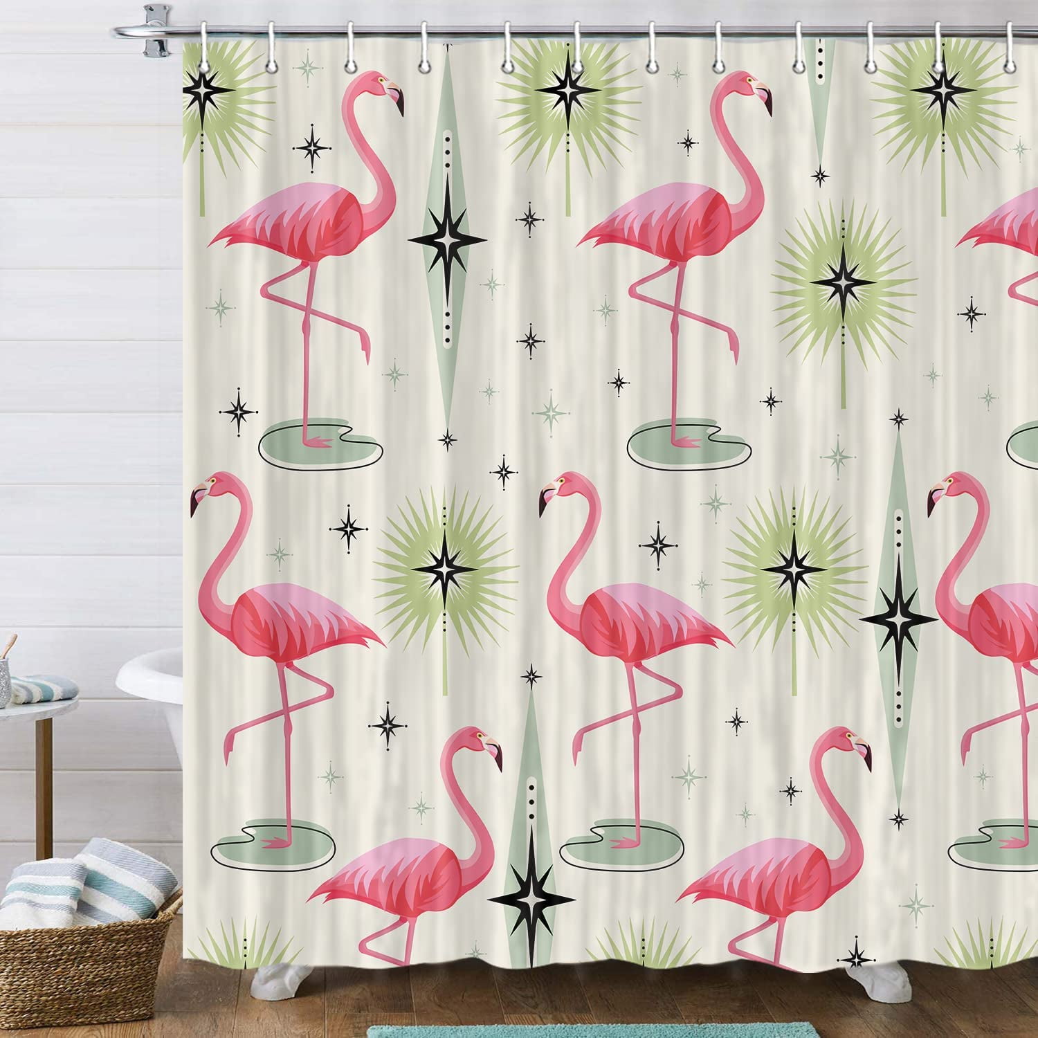 Mid Century Flamingo Aesthetic Shower Curtain Set, Waterproof 72x72, Hooks Included - Walmart.com