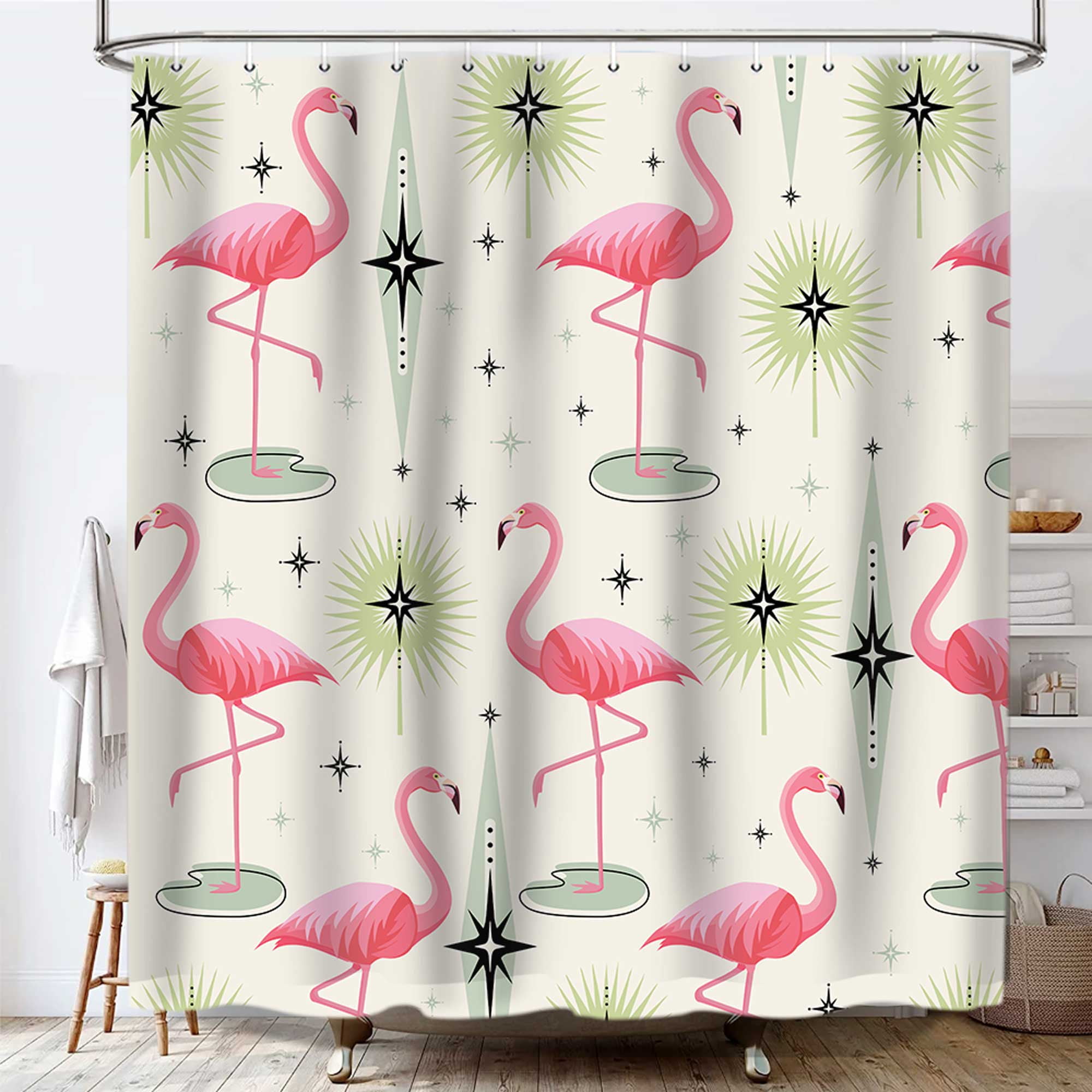 Mid Century Flamingo Shower Curtain, Abstract Geometric Funny Pink Bird ...