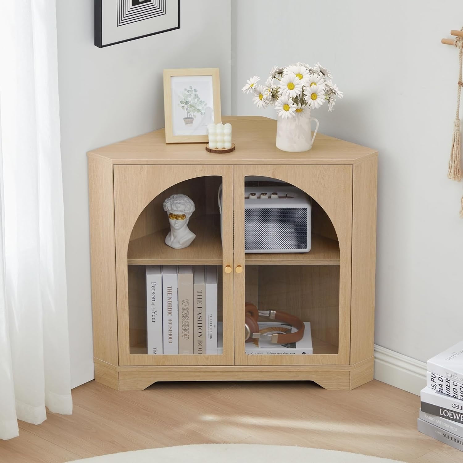 Mid Century Floor Corner Cabinet Small Curved Corner Storage Shelf with ...