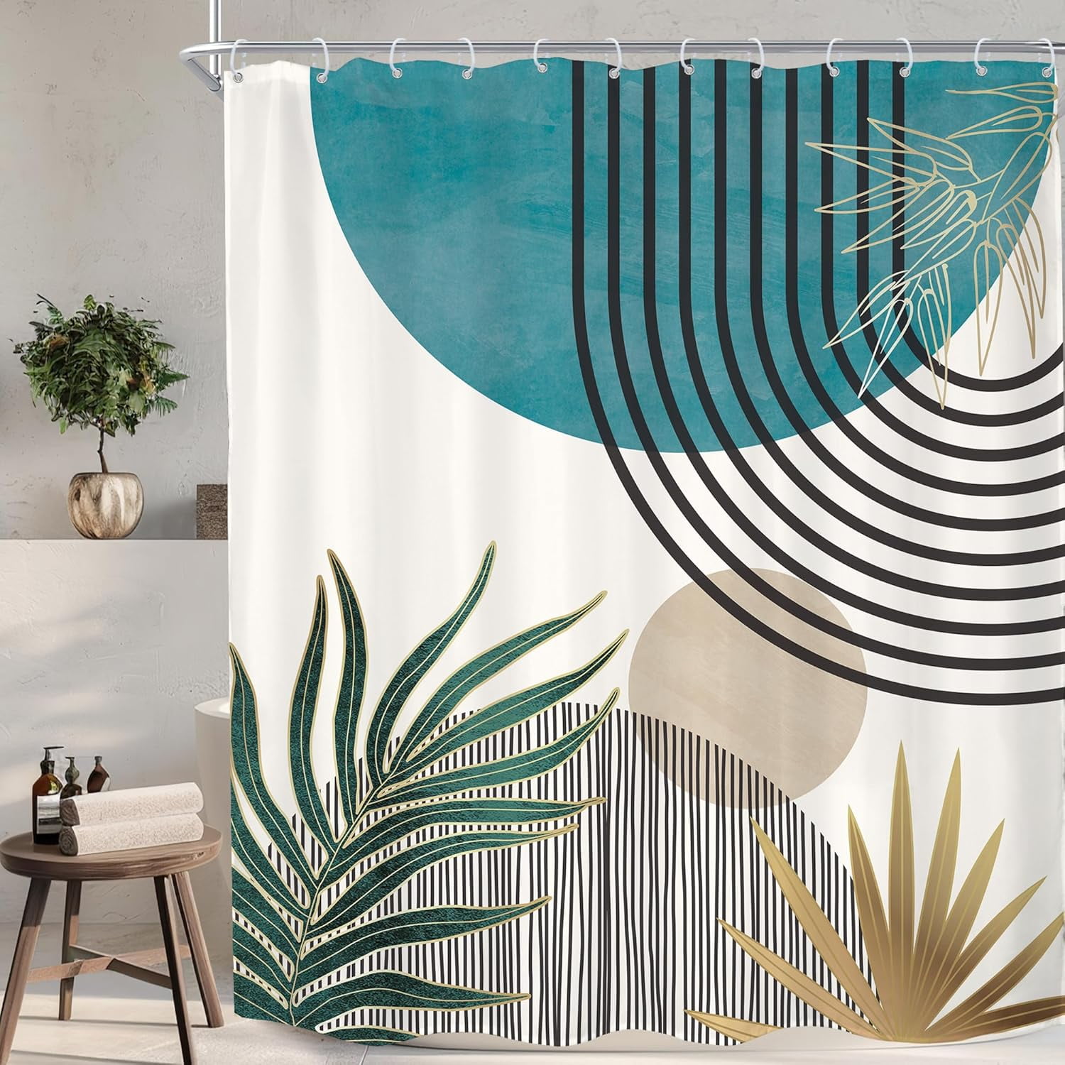 Mid Century Green Boho Shower Curtain, Abstract Modern Shower Curtains for Bathroom, Plant ...